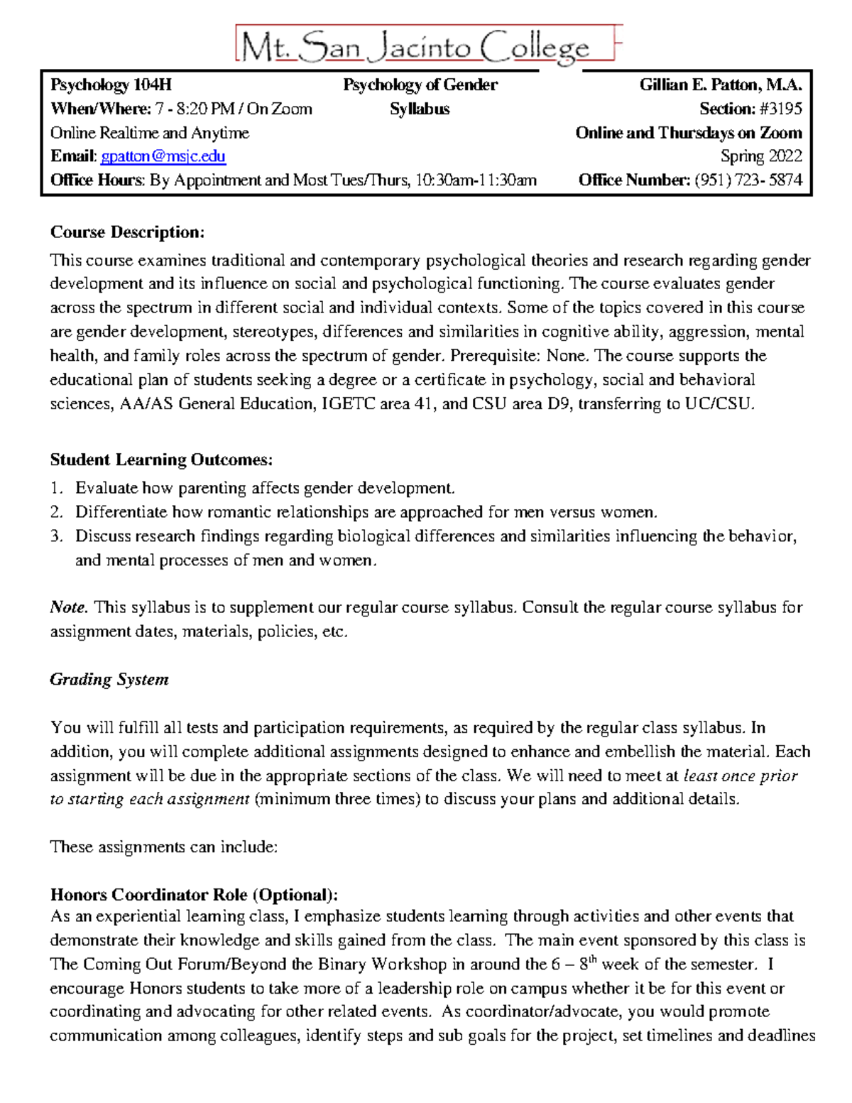Honors Psych 104 Syllabus - Psychology 104H Psychology of Gender ...