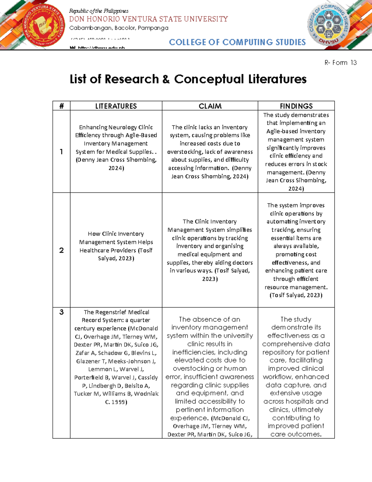 Ate pia - eer - DON HONORIO VENTURA STATE UNIVERSITY Cabambangan, Bacolor, Pampanga (6345) 458 ...