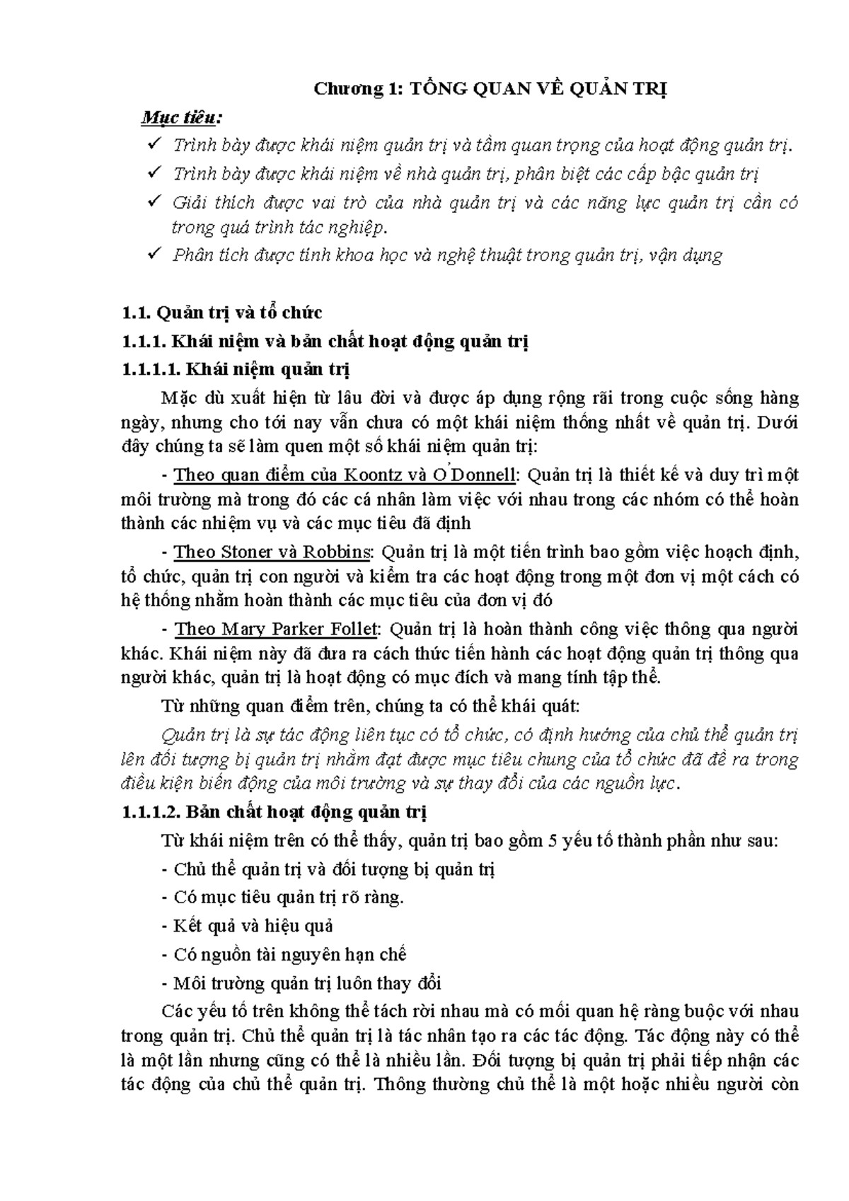 Ch1-Tong Quan Ve Quan Tri - Ch±¡ng 1: TÞNG QUAN VÞ QU¾N TRÞ Mÿc tiêu: ü Trình bày ±ÿc khái nißm ...