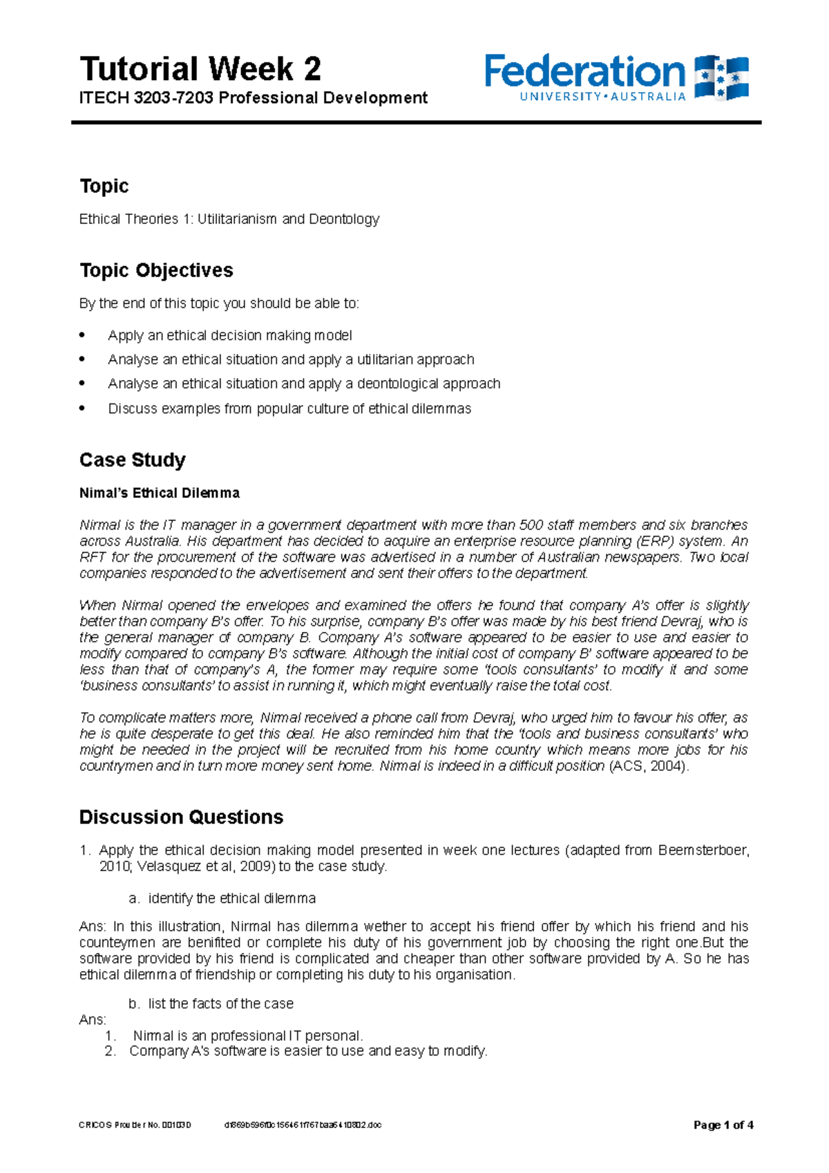 Bikash week2 tutorial professional development - Tutorial Week 2 ITECH 3203-7203 Professional ...