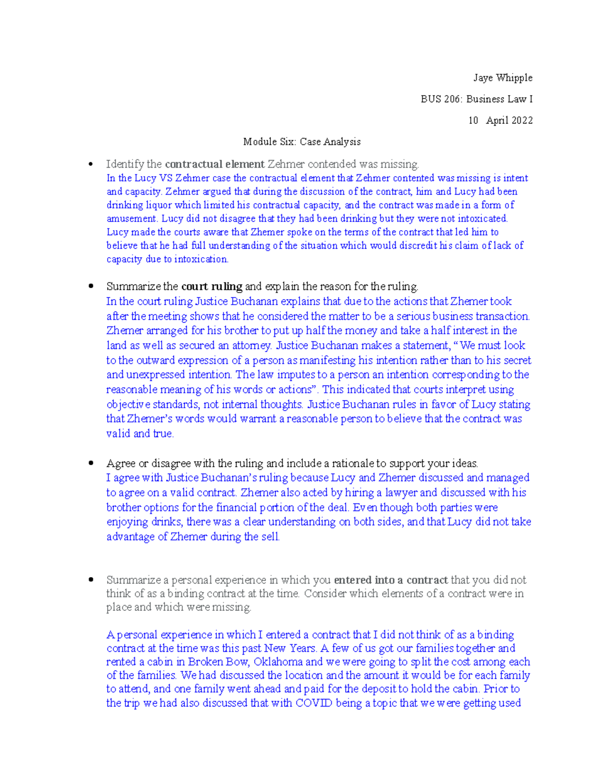 BUS206 Case Analysis - Jaye Whipple BUS 206: Business Law I 10 April ...