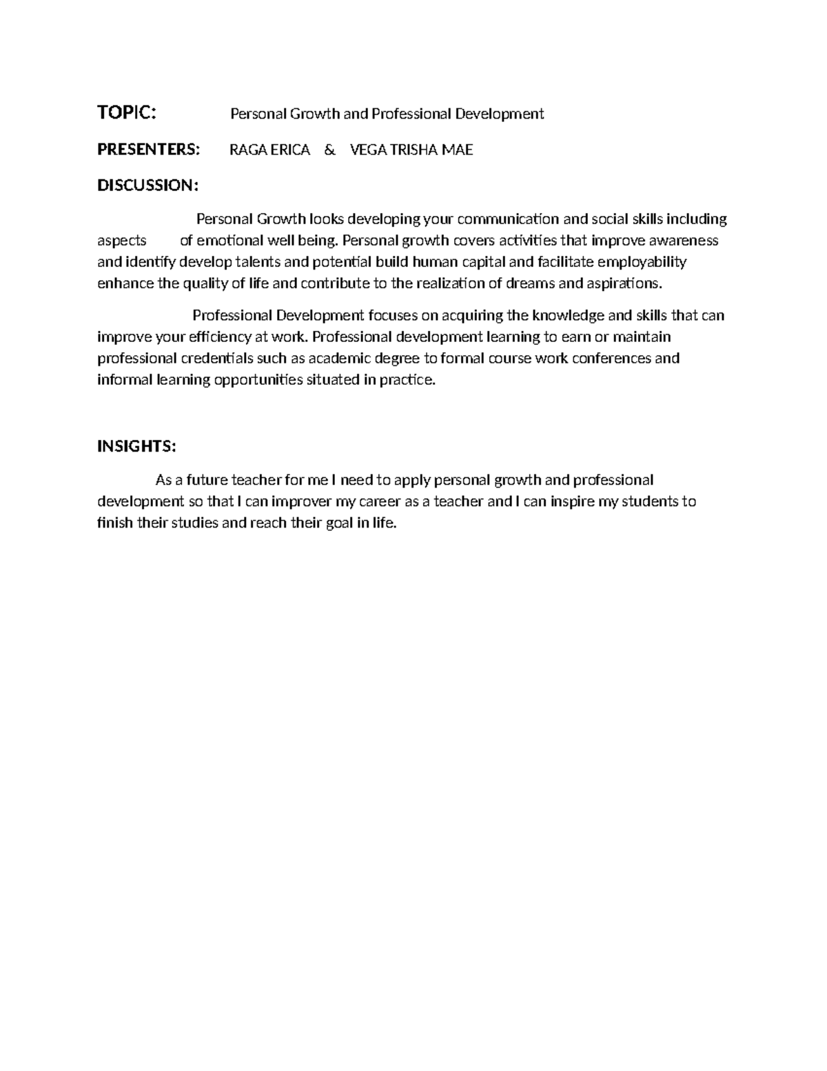 Topic - ttl notes - TOPIC: Personal Growth and Professional Development ...