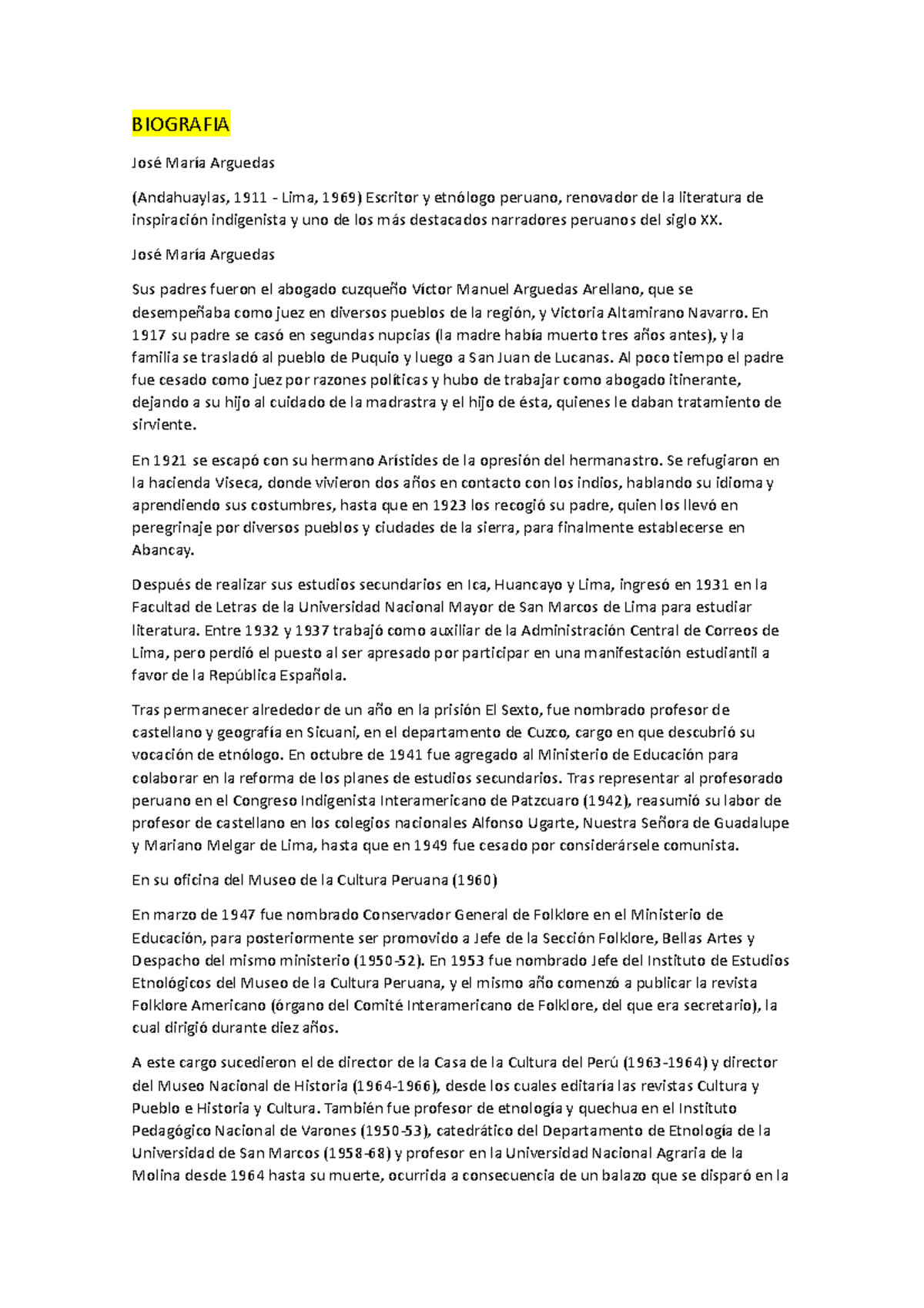 Agonia de Rasu Ñiti - BIOGRAFIA José María Arguedas (Andahuaylas, 1911 ...