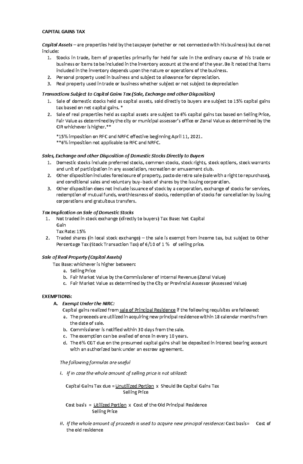 Capital-Gains-Taxation - CAPITAL GAINS TAX Capital Assets – are ...