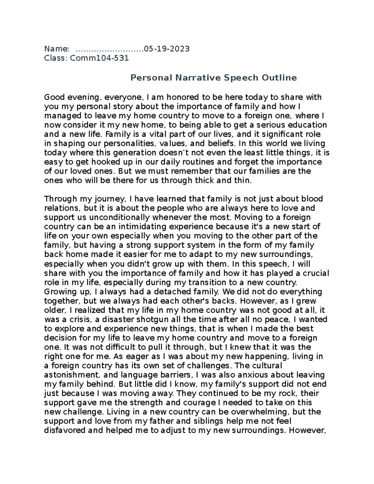 Narrative - ytgujg - Name: .........................-19- Class: Comm104 ...