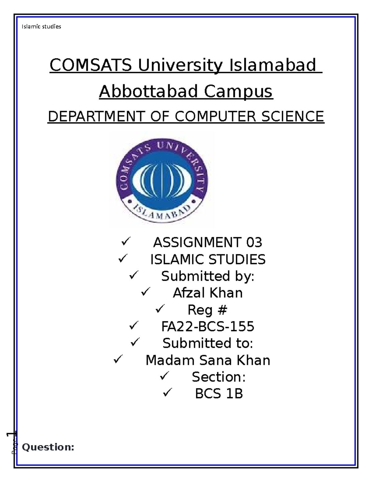Islamiyat assignment 03 - COMSATS University Islamabad Abbottabad ...