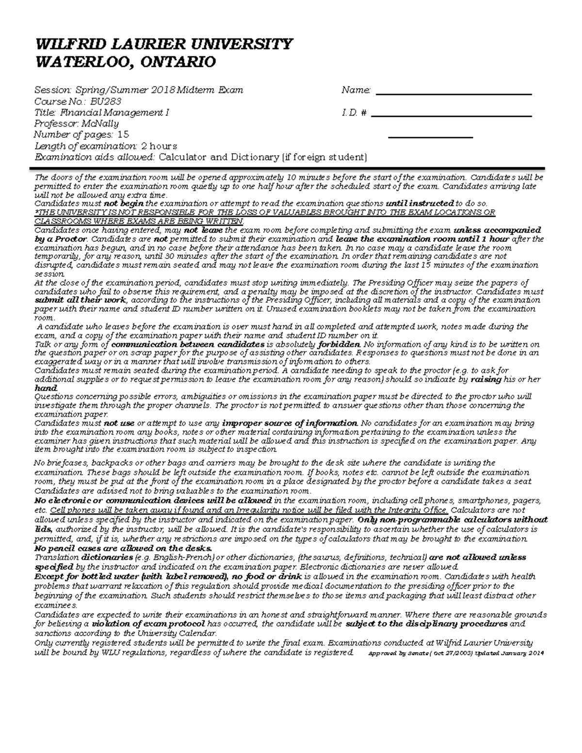 BU283 S2018 Midterm w answers v1 - WILFRID LAURIER UNIVERSITY WATERLOO, ONTARIO Session: - Studocu