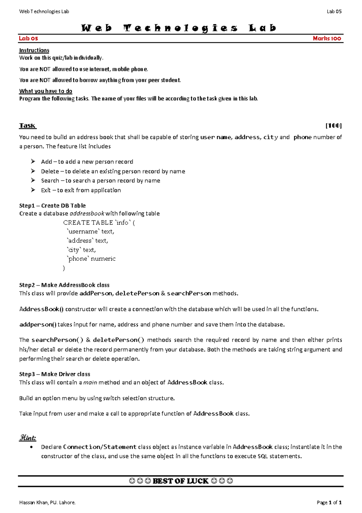 Lab 05 JDBC - Important topic of database in java - Web Technologies Lab Lab 05 Hassan Khan, PU ...