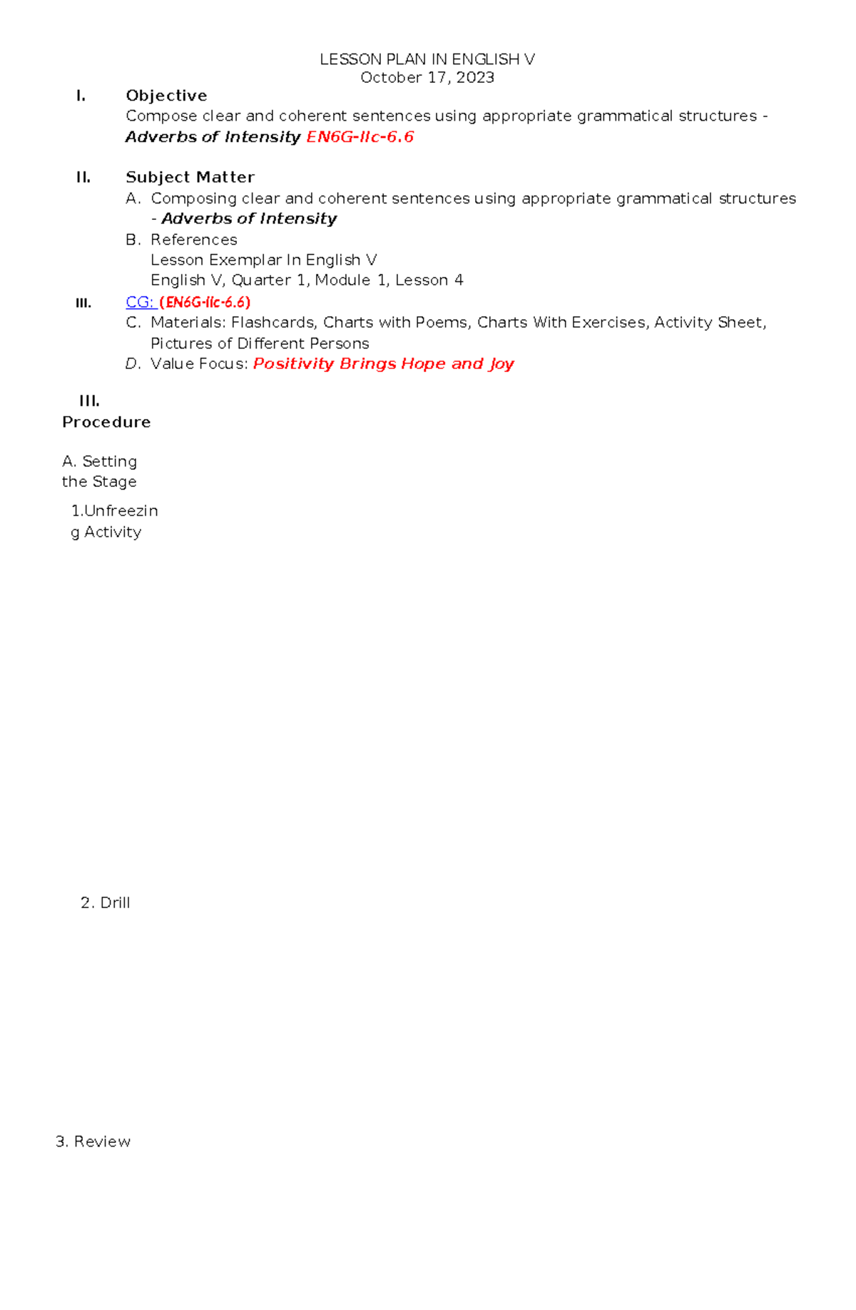 CLASSROOM OBSERVATION TEACHING - LESSON PLAN IN ENGLISH V October 17 ...