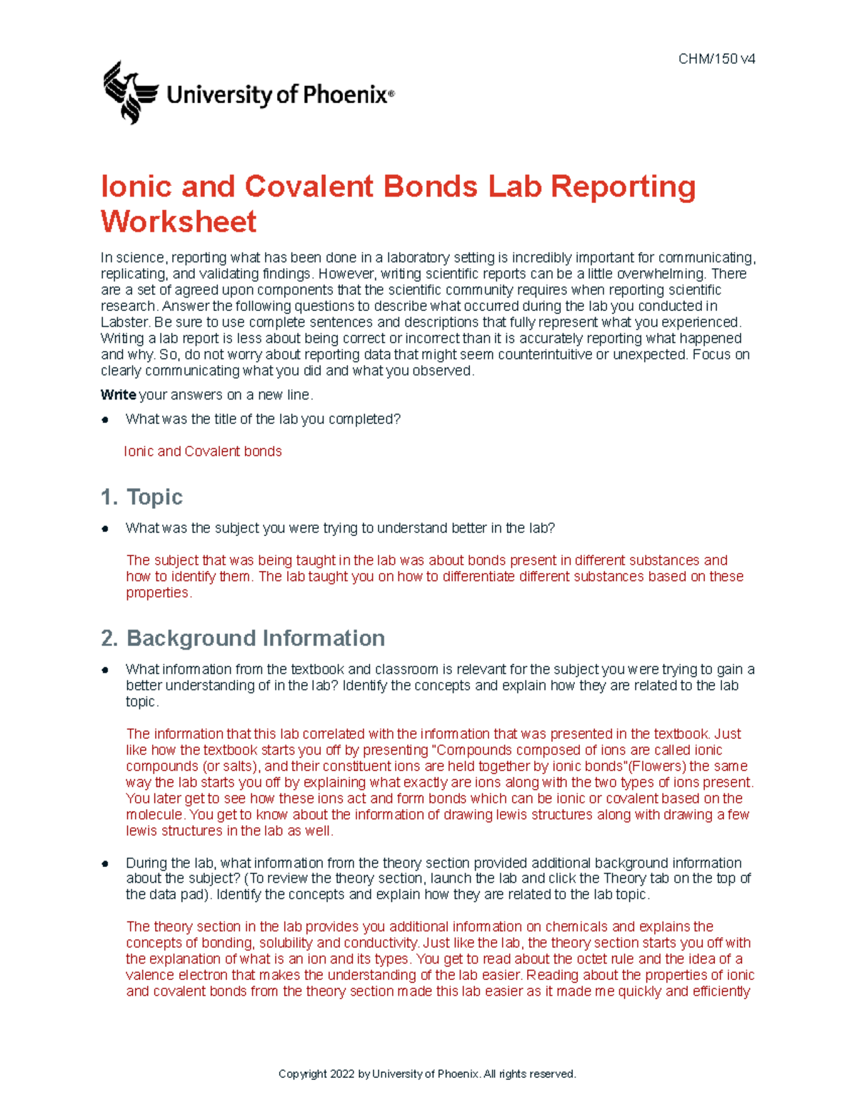 Chm150 v4 wk4 ionic and covalent bonds lab report observational - CHM/150 v Ionic and Covalent ...