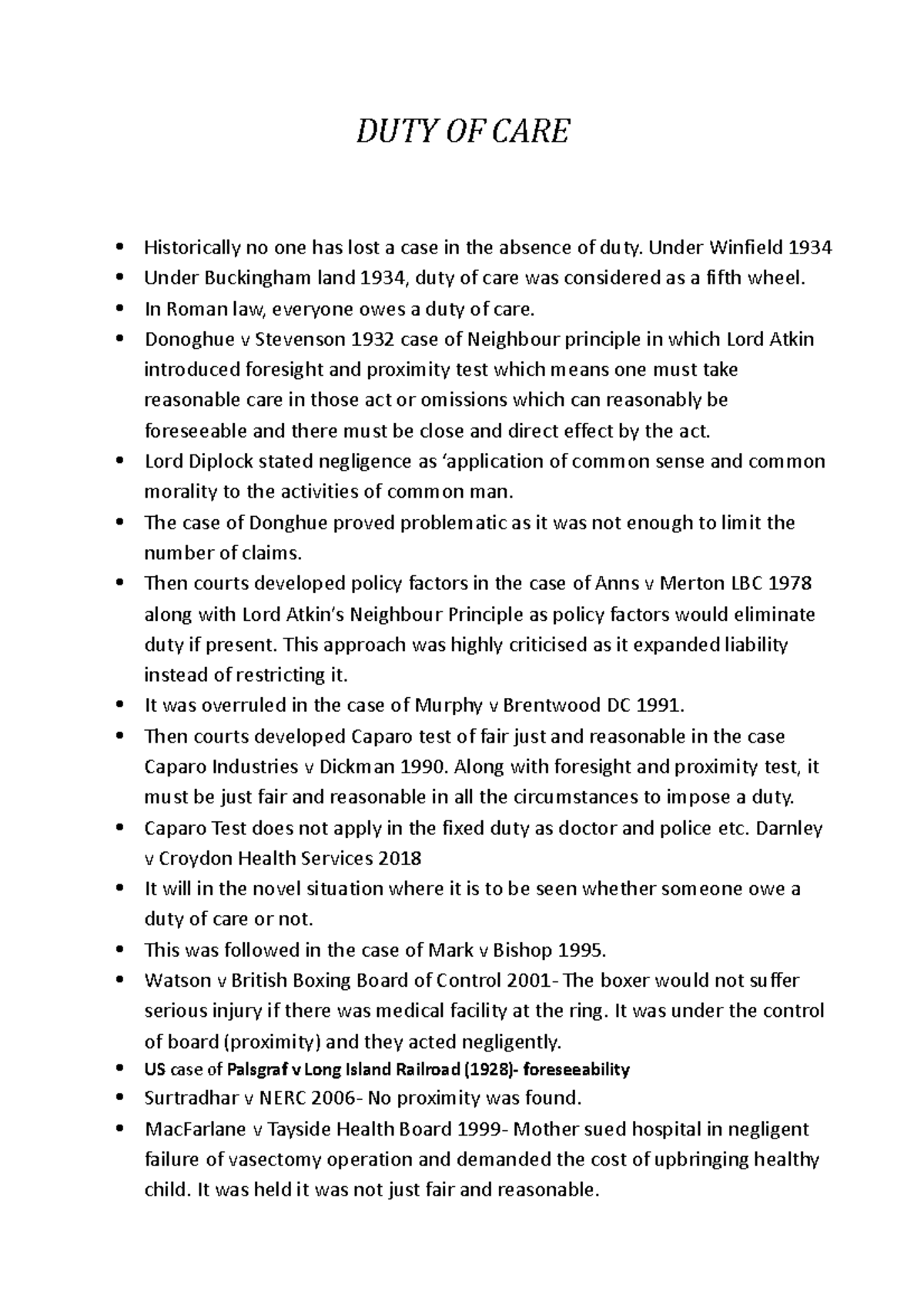 DUTY OF CARE exam notes - DUTY OF CARE Historically no one has lost a ...