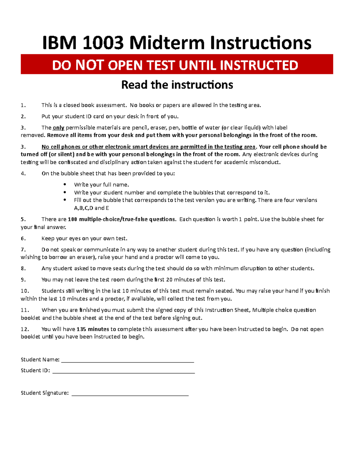 Test Cover Sheet 1003 Midterm - IBM 1003 Midterm Instructions DO NOT ...