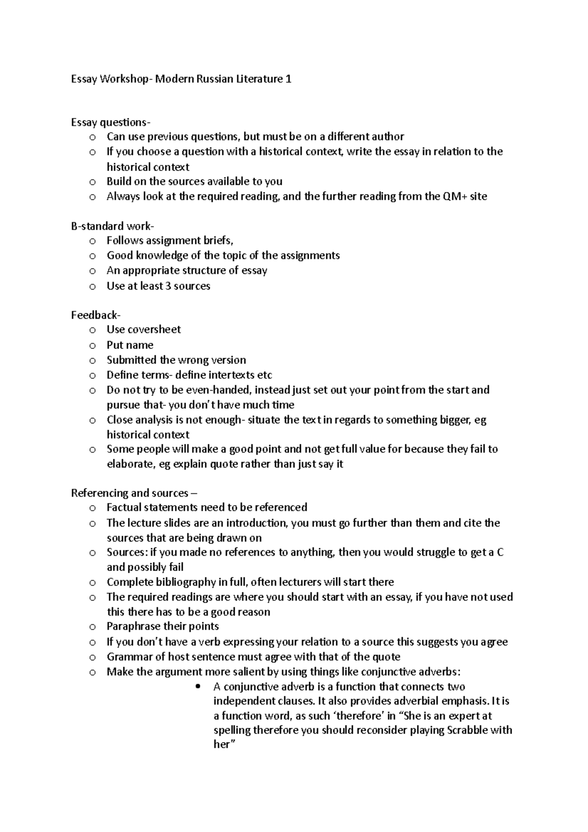 Essay workshop- Russian Literature 1 - Essay Workshop- Modern Russian ...