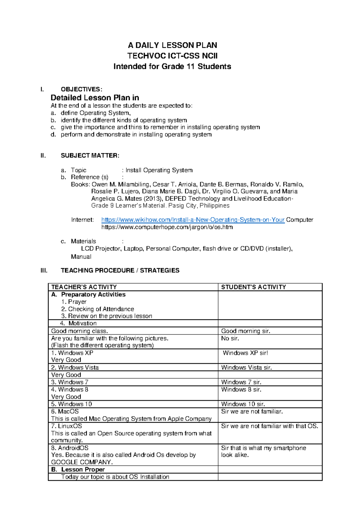 Detailed lesson plan - A DAILY LESSON PLAN TECHVOC ICT-CSS NCII ...