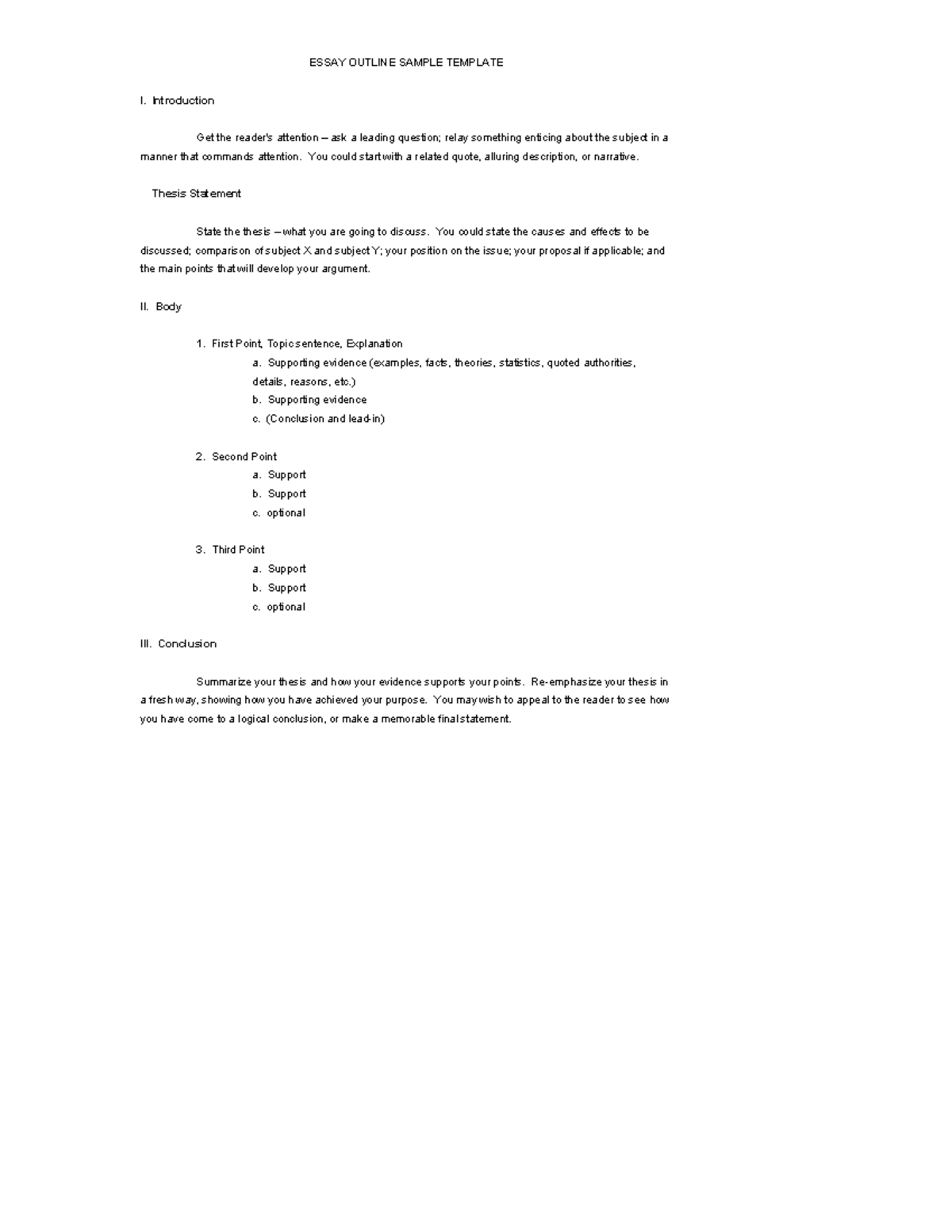 Outline Template - ESSAY OUTLINE SAMPLE TEMPLATE I. Introduction Get ...