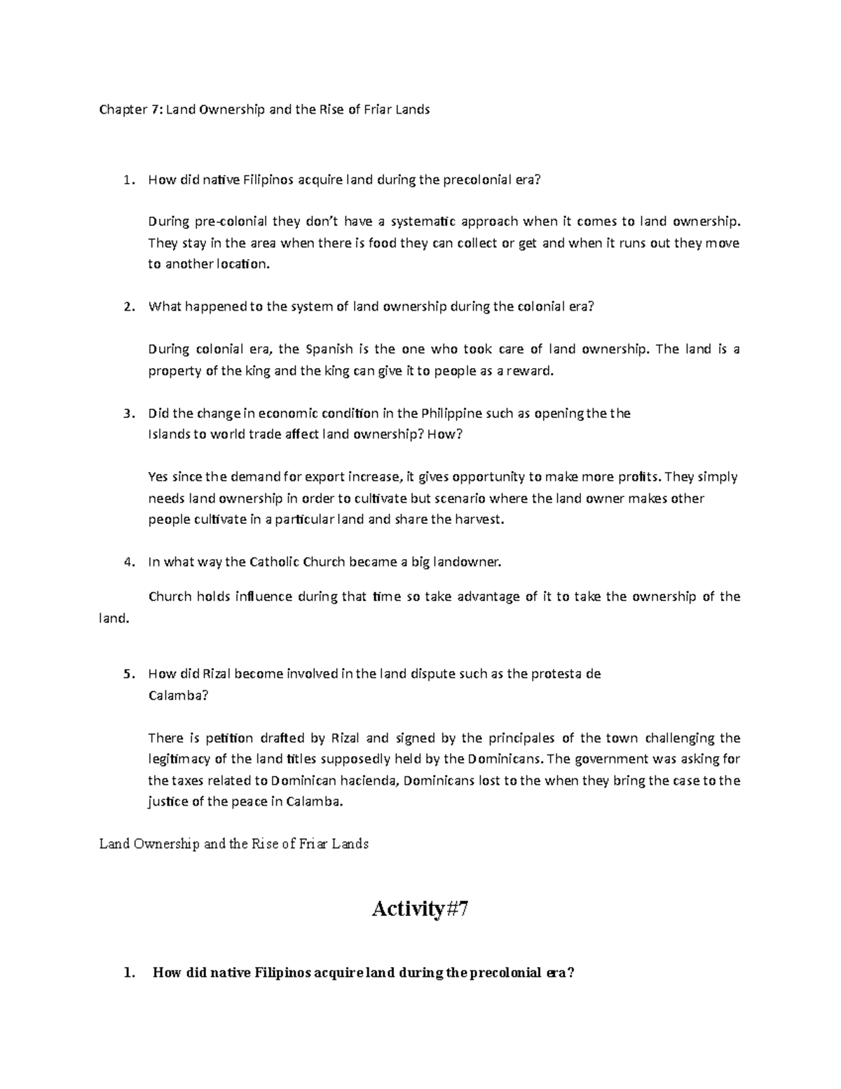 RN7-8 - Rizal-Chapter-7-8 - Chapter 7: Land Ownership and the Rise of ...