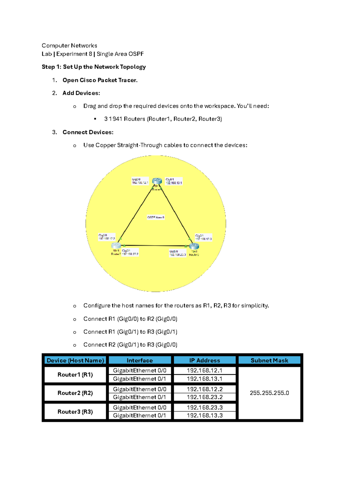 CN Lab Experiment 8 (Single Area OSPF Configuration) - Computer Networks Lab | Experiment 8 ...