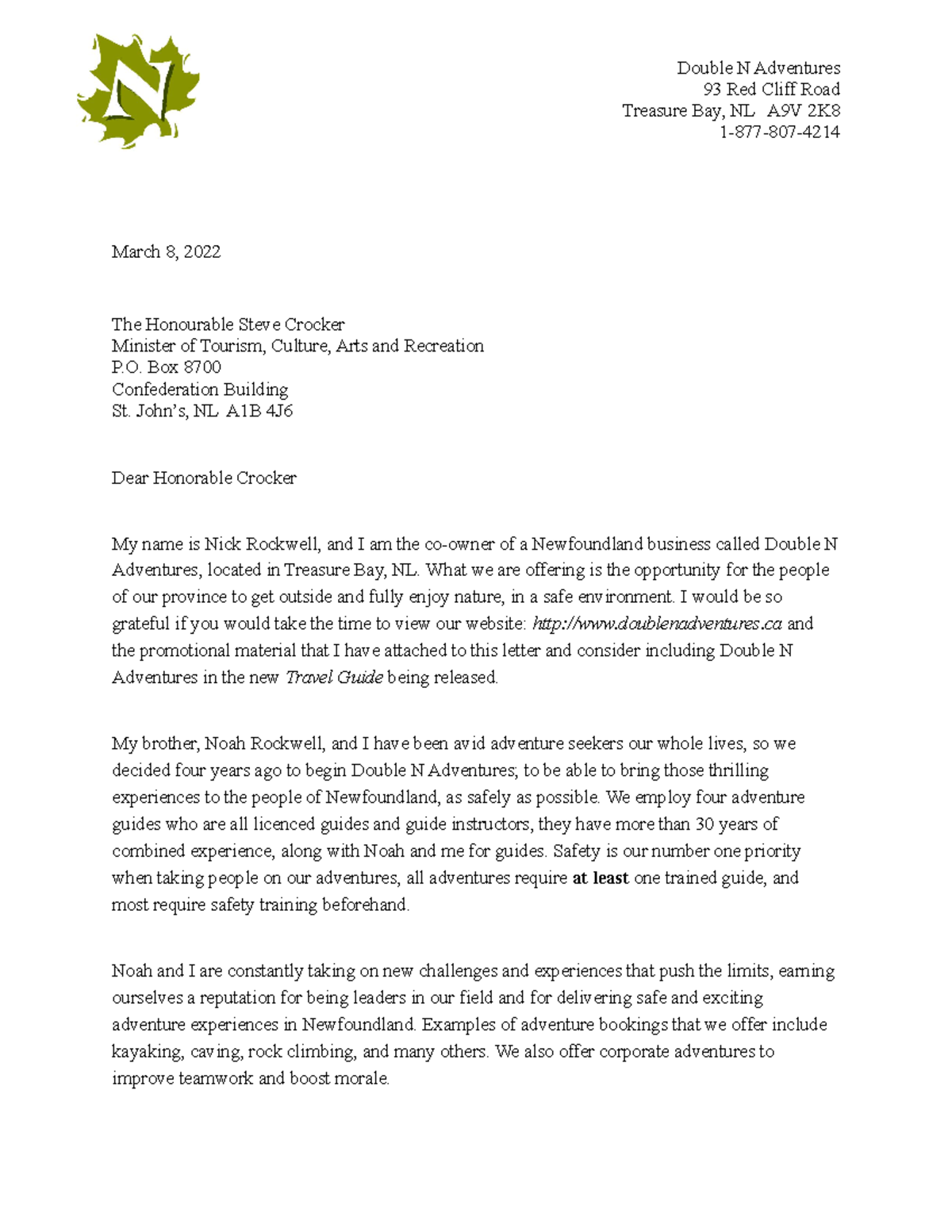 Letter Tourism Double N Adventures - BMGT1325 - CNA - Studocu