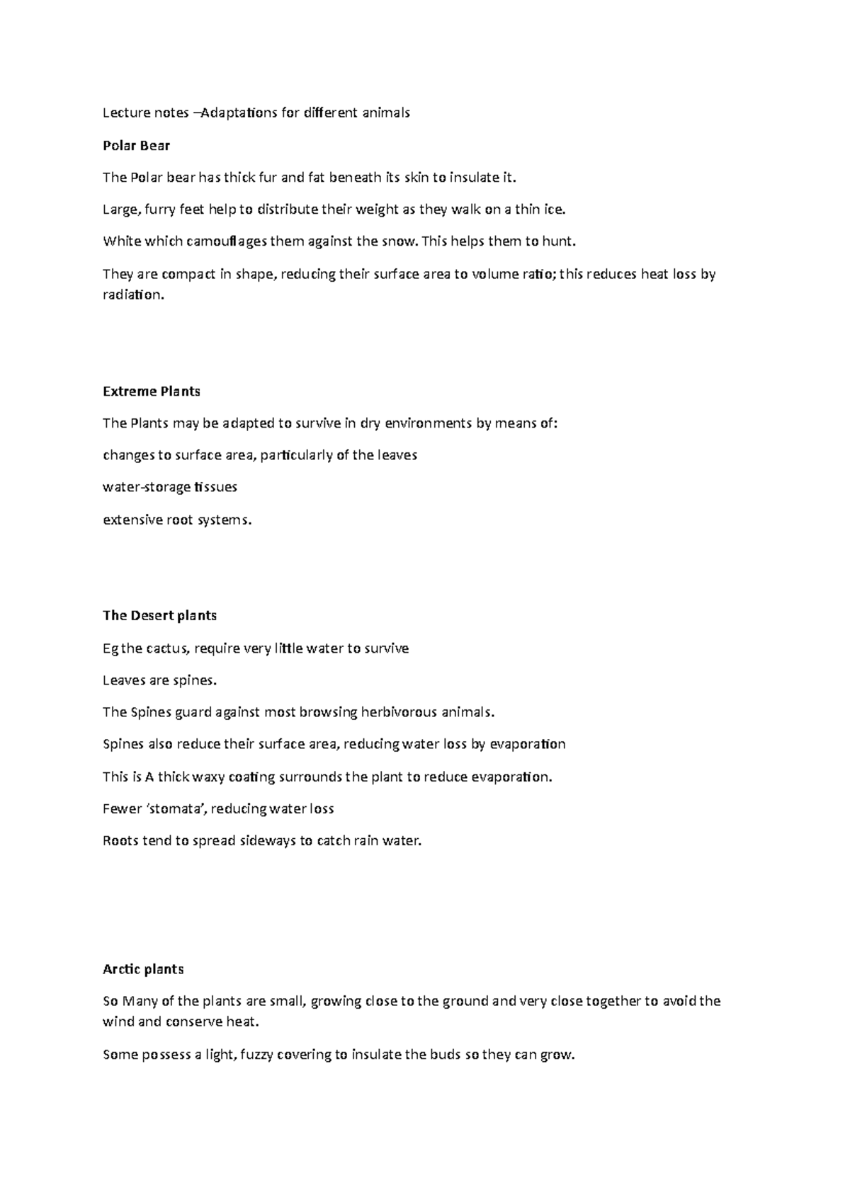 Lecture notes –Adaptations for different animals - Large, furry feet ...