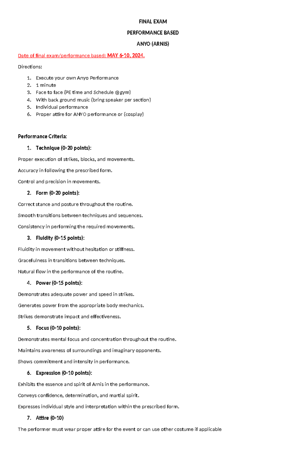 Pathfit 4 Finals Direction - FINAL EXAM PERFORMANCE BASED ANYO (ARNIS) Date of final - Studocu