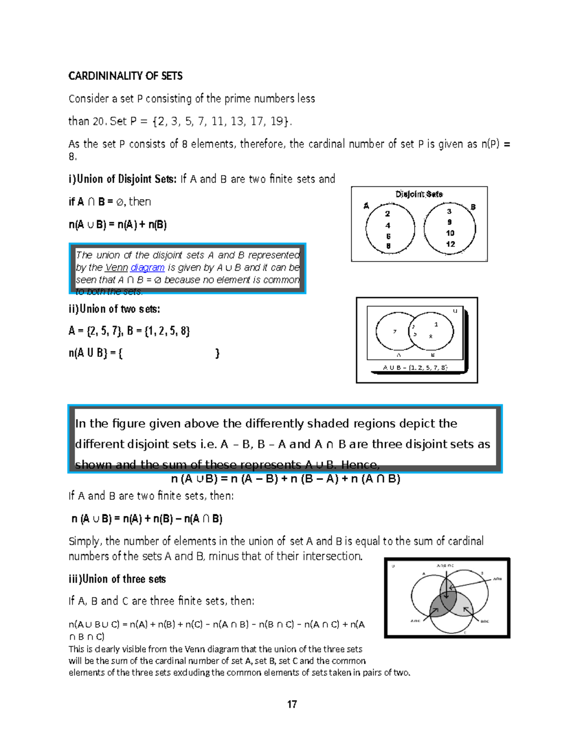 Cardinality - CARDININALITY OF SETS Consider a set P consisting of the ...