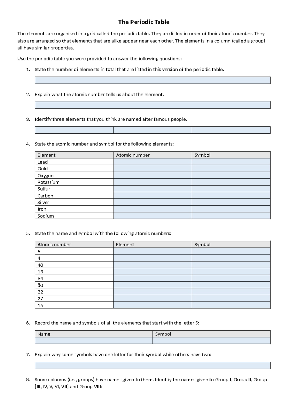 The Periodic Table recap - The Periodic Table The elements are ...