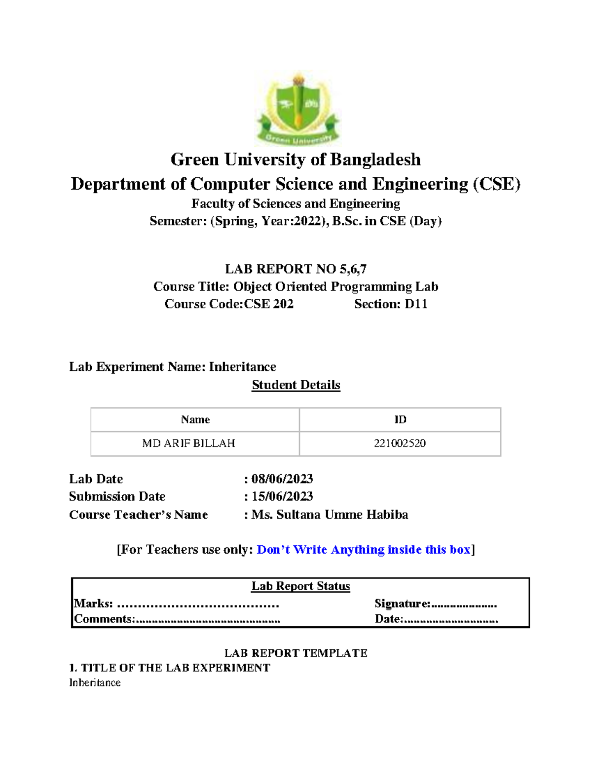 Object Oriented Programming Lab 5 - Green University of Bangladesh ...
