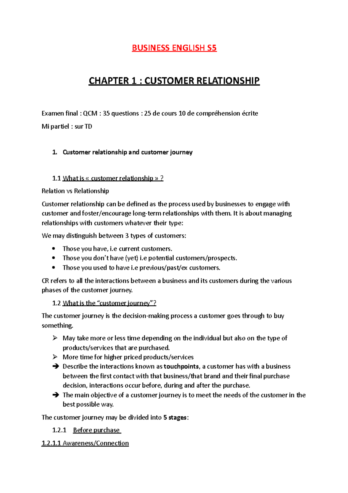 Cours - BUSINESS ENGLISH S CHAPTER 1 : CUSTOMER RELATIONSHIP Examen ...