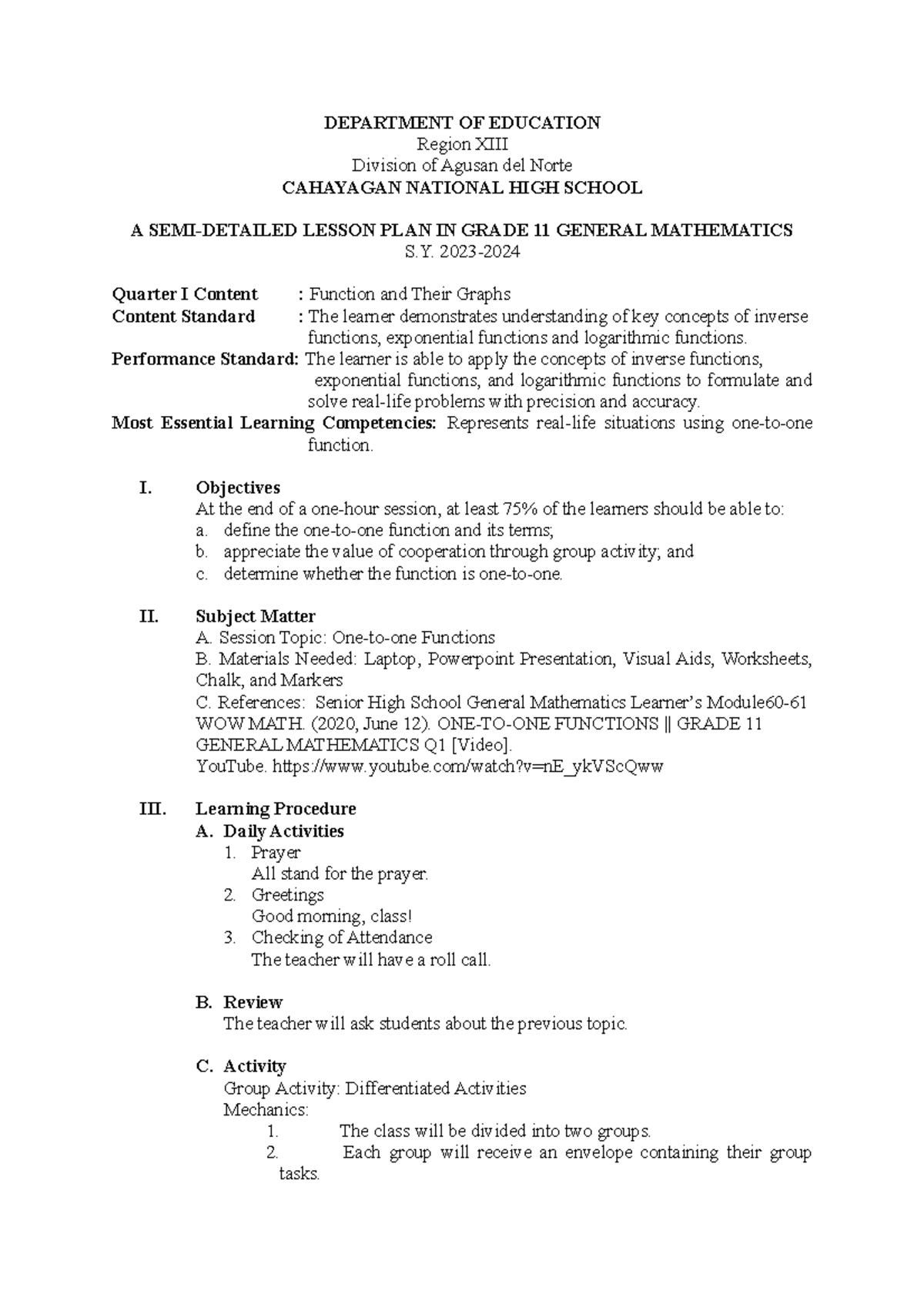 Genmath CO 1 Lesson PLAN - DEPARTMENT OF EDUCATION Region XIII Division ...