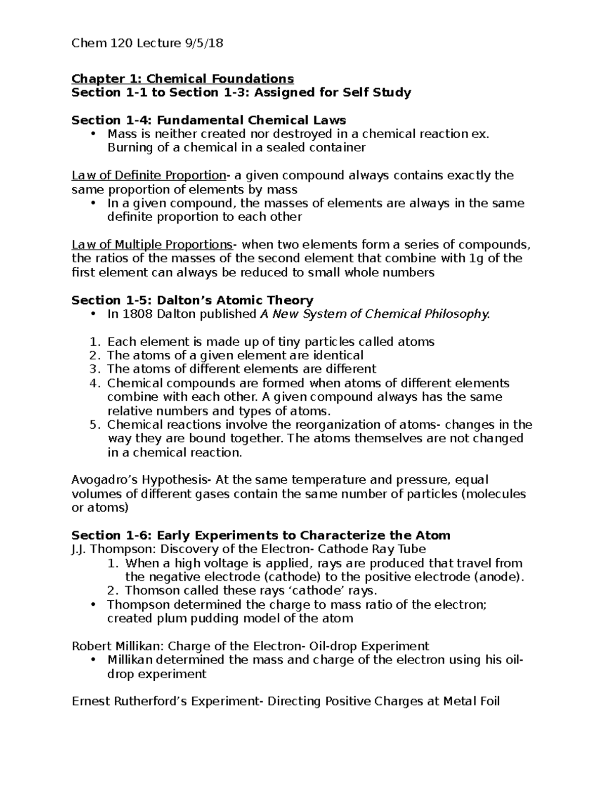 Chem 120 Lecture 9-5-18 - Chem 120 Lecture Chapter 1: Chemical ...