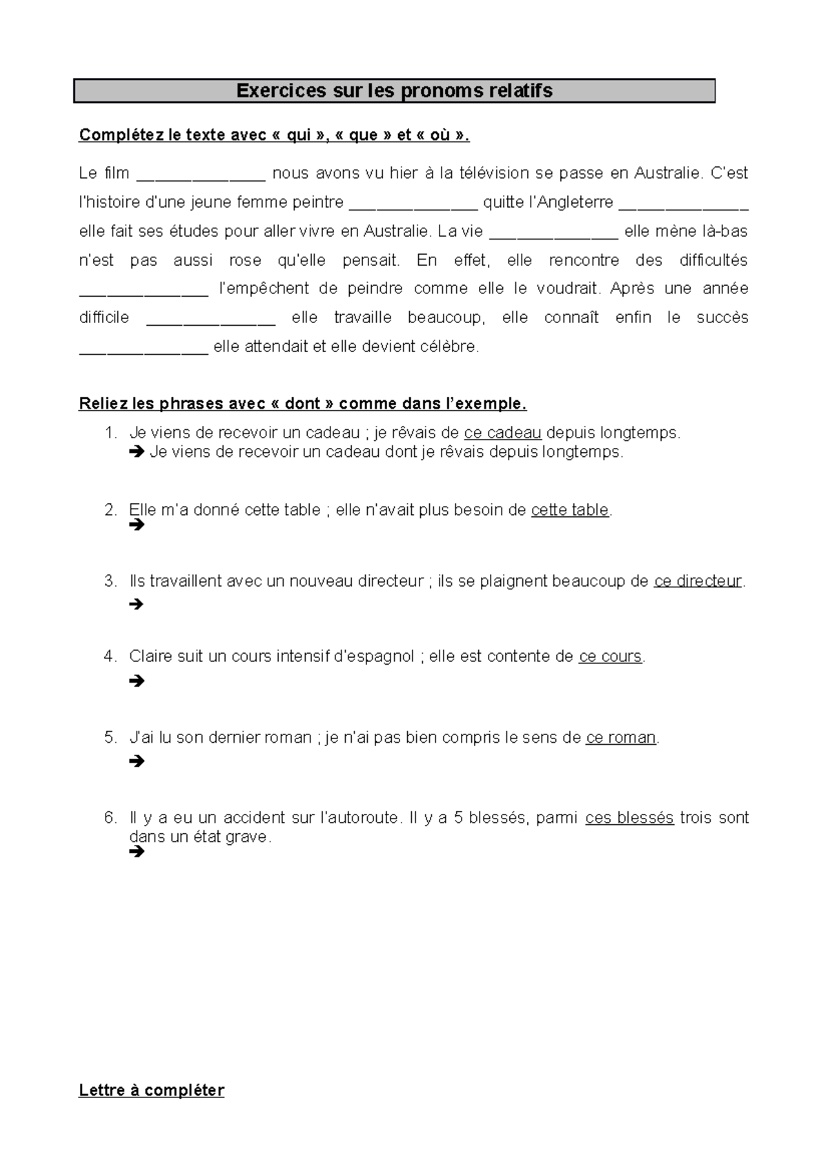 Les pronoms relatifs exercices - Exercices sur les pronoms relatifs ...
