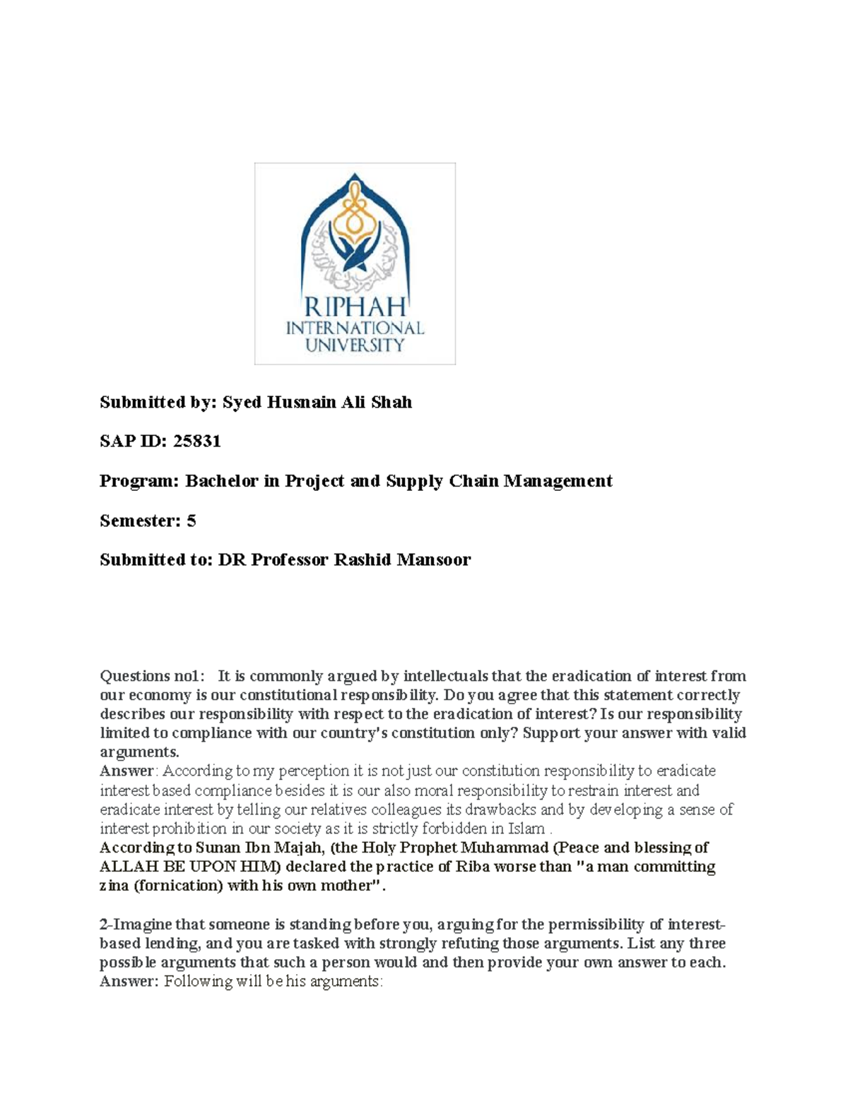 ISlamic banking assignmment - Submitted by: Syed Husnain Ali Shah SAP ...