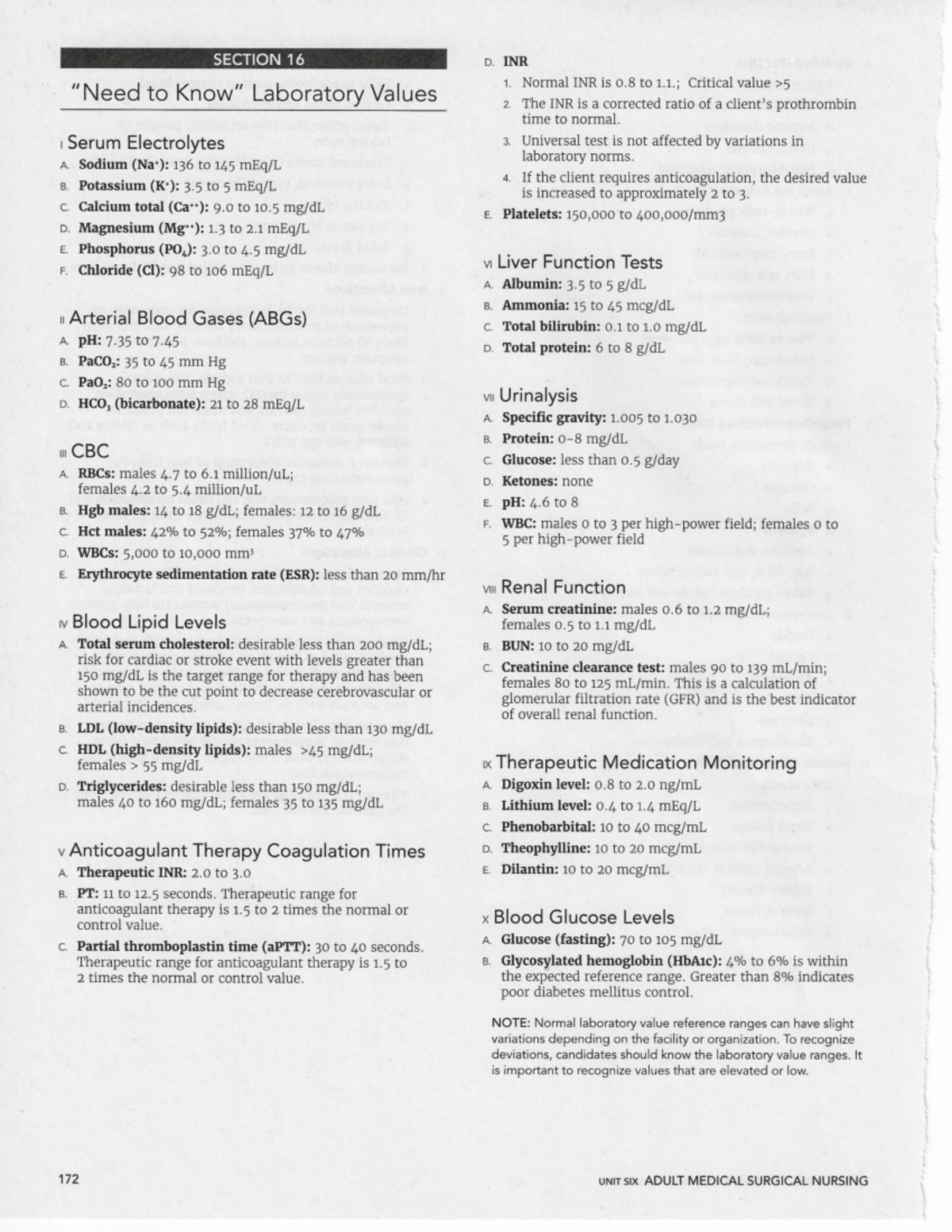 Need to know labs for nclex - SECTION 16 D. INR 1. Normal INR is 0 to ...