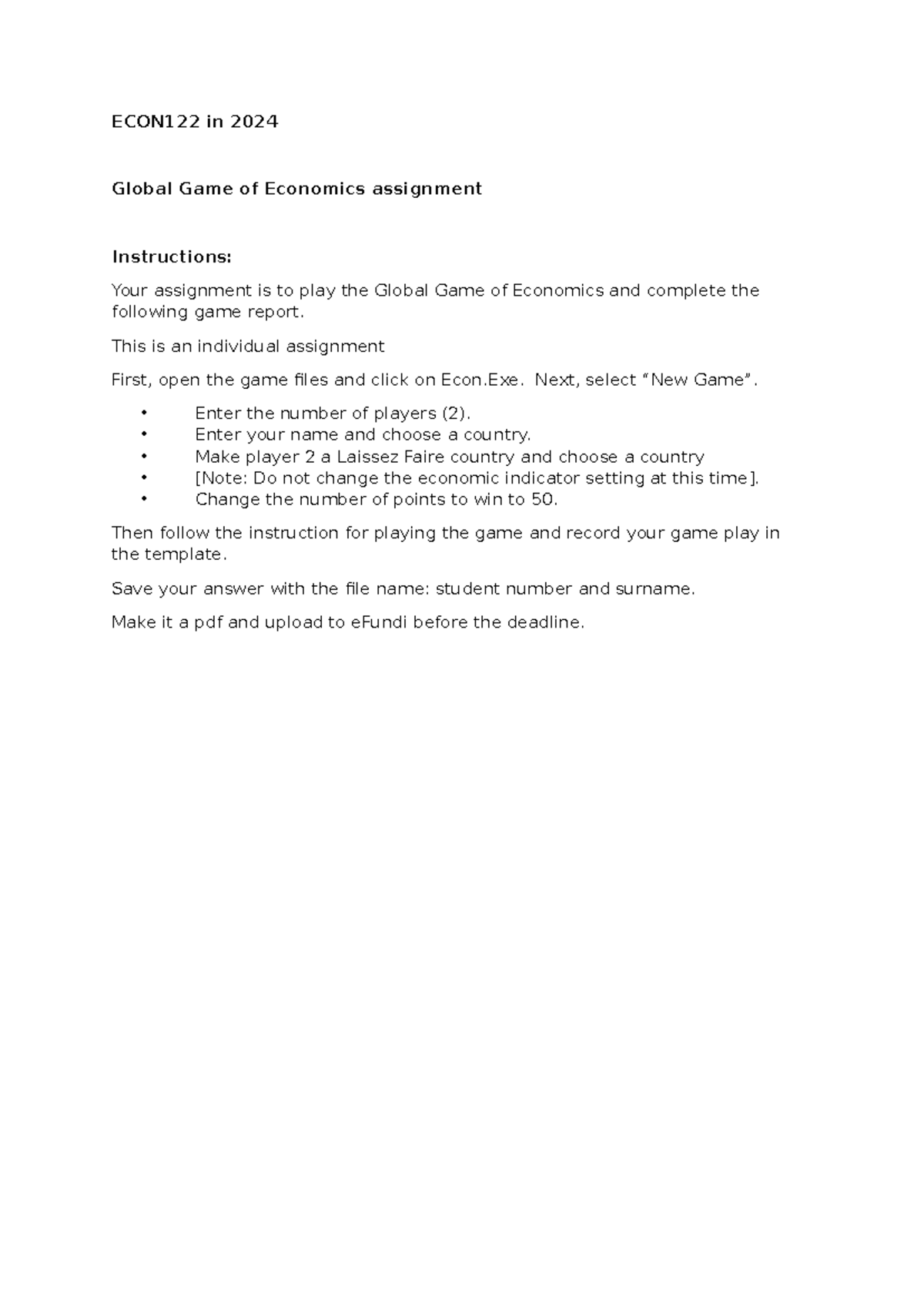 Global Econ Game assignment 2024 - ECON122 in 2024 Global Game of ...