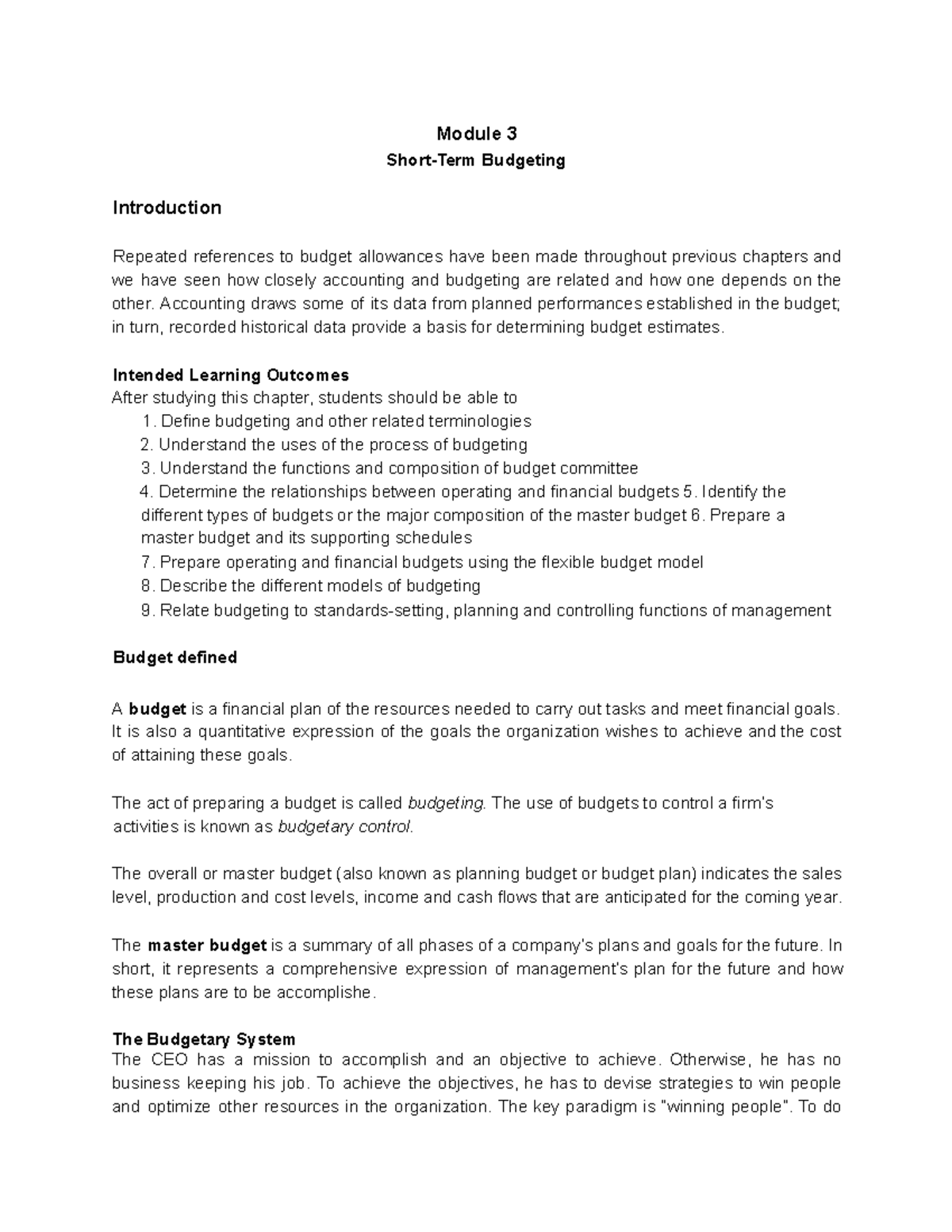 Short-Term-Budgeting lecture notes - Module 3 Short-Term Budgeting ...
