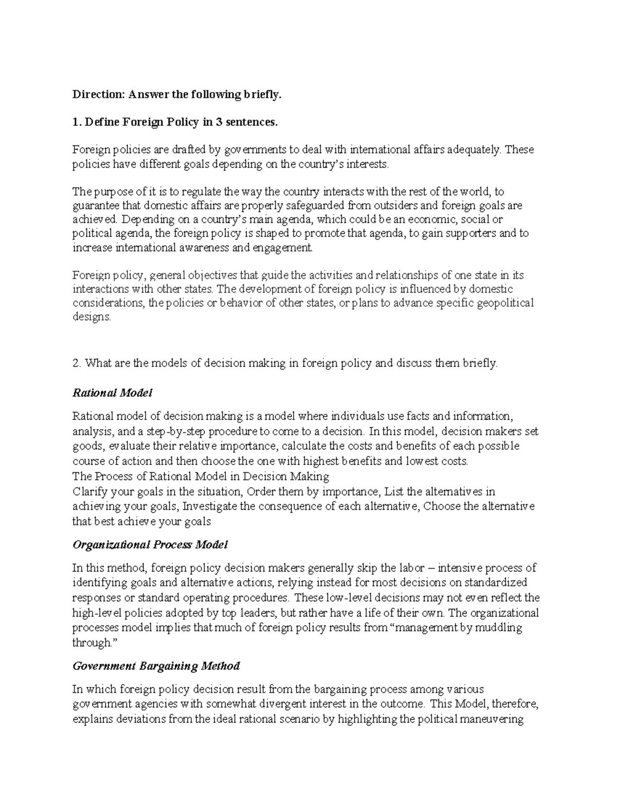 Foreign Relation - Direction: Answer the following briefly. Define ...