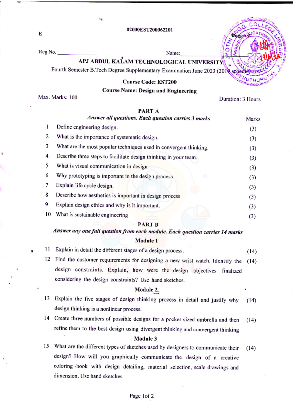 EST200 Design AND Engineering, JUNE 2023 - 020008sT20006220r E Reg No.: APJ ABDUL KALAM - Studocu