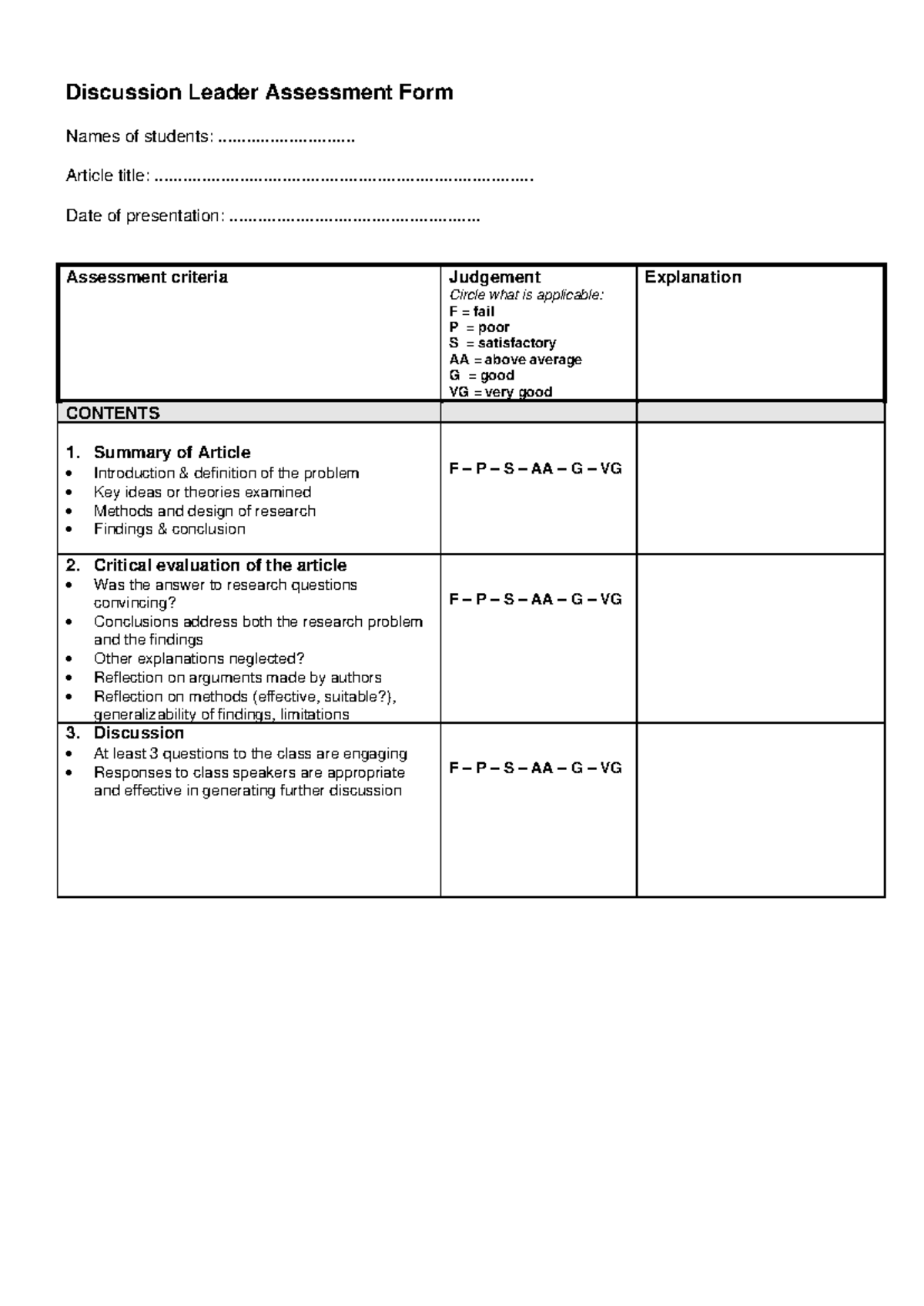 Discussion Leader Assessment - ............................ Article ...