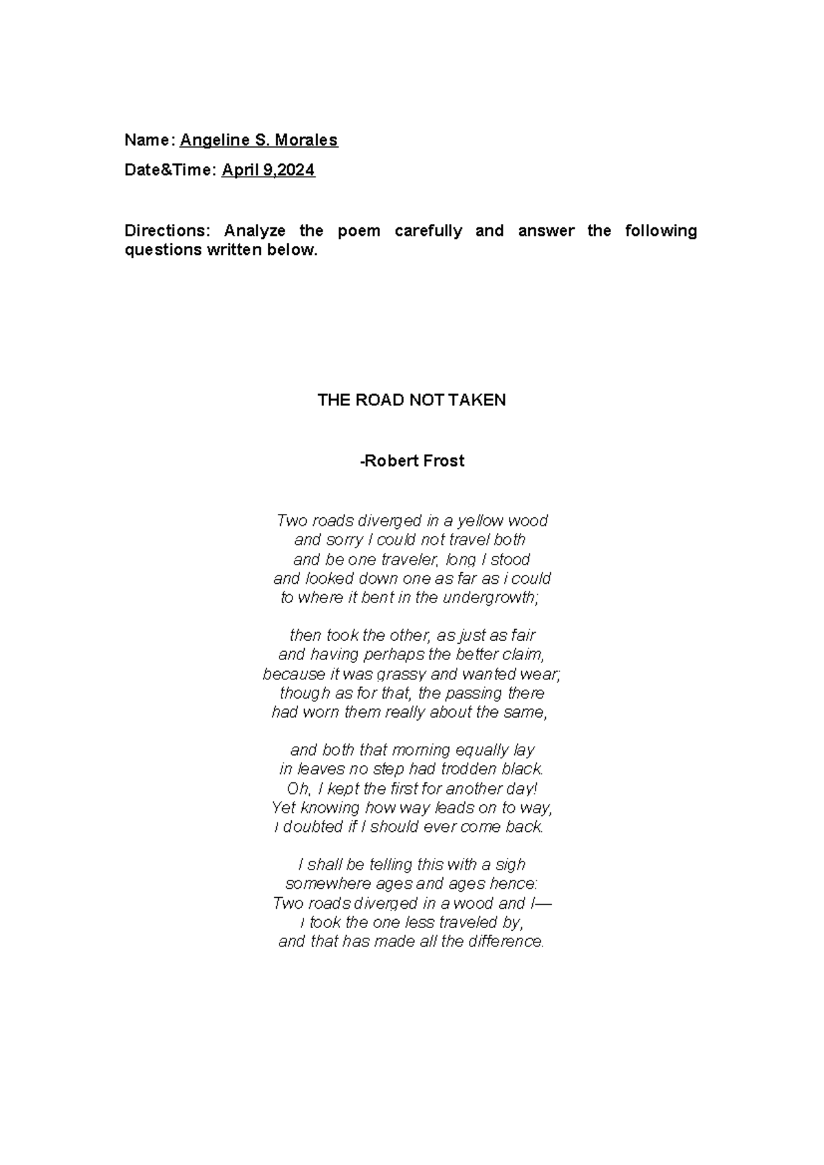 Poetry Analysis - Name: Angeline S. Morales Date&Time: April 9 ...