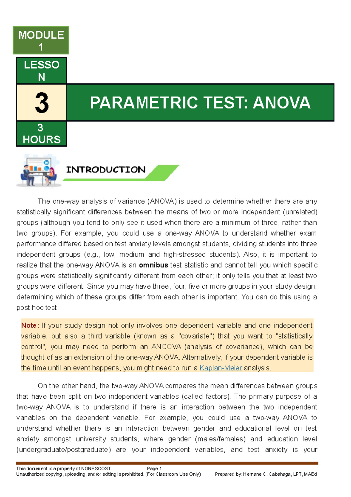 Advance Statistics Module 1 Part 2 - LESSO N 3 PARAMETRIC TEST: ANOVA 3 ...