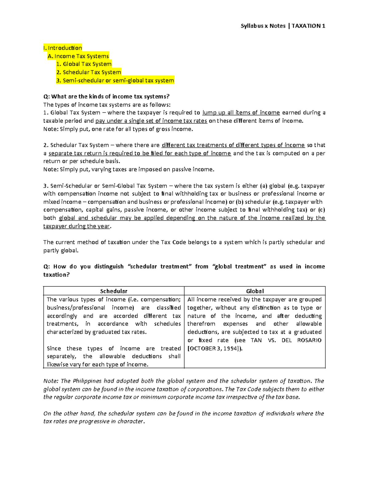 Taxation 1 notes compress - I. Introduction A. Income Tax Systems 1 ...