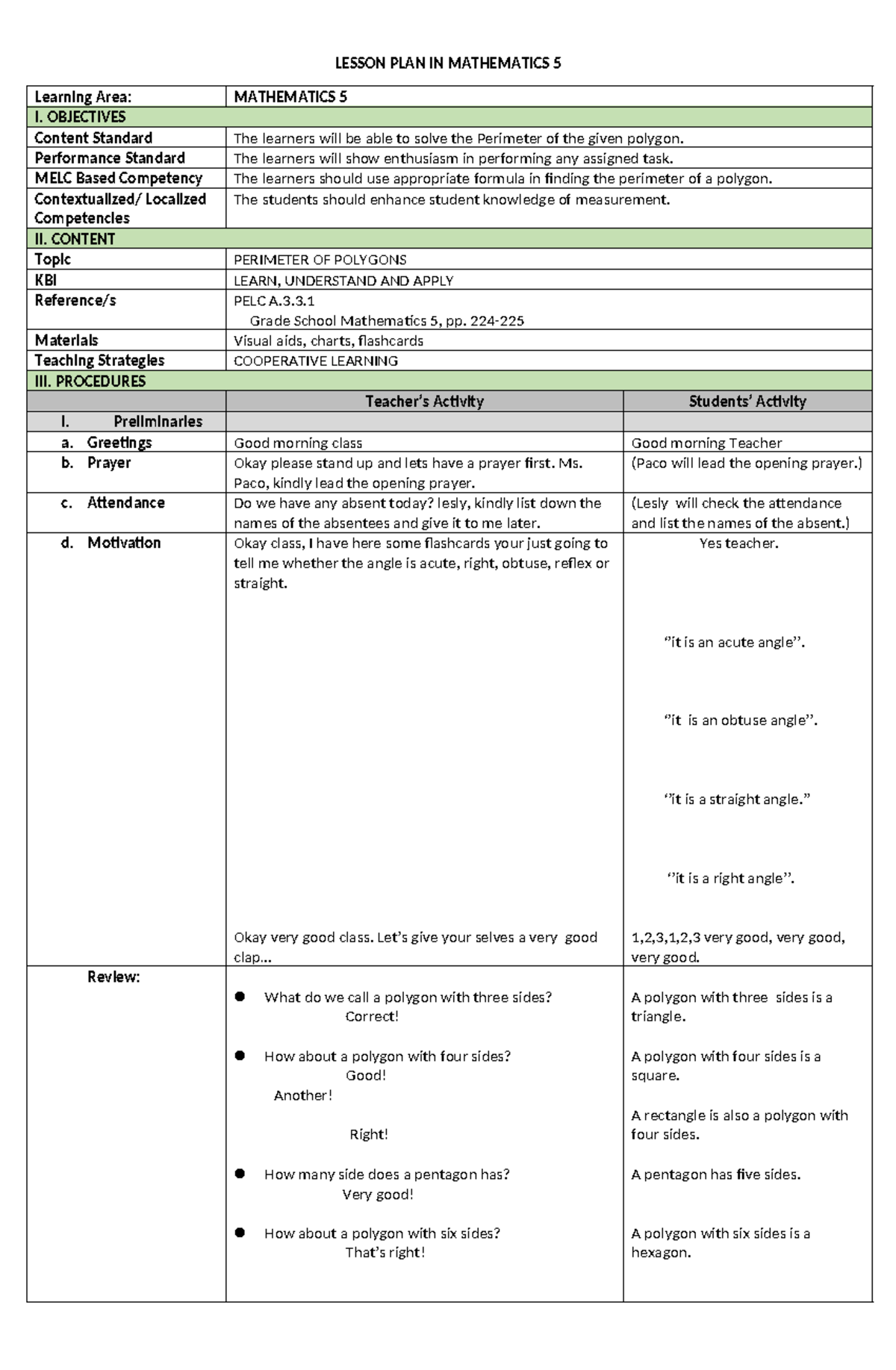 MATHEMATICSILOVEYOU - LESSON PLAN IN MATHEMATICS 5 Learning Area ...