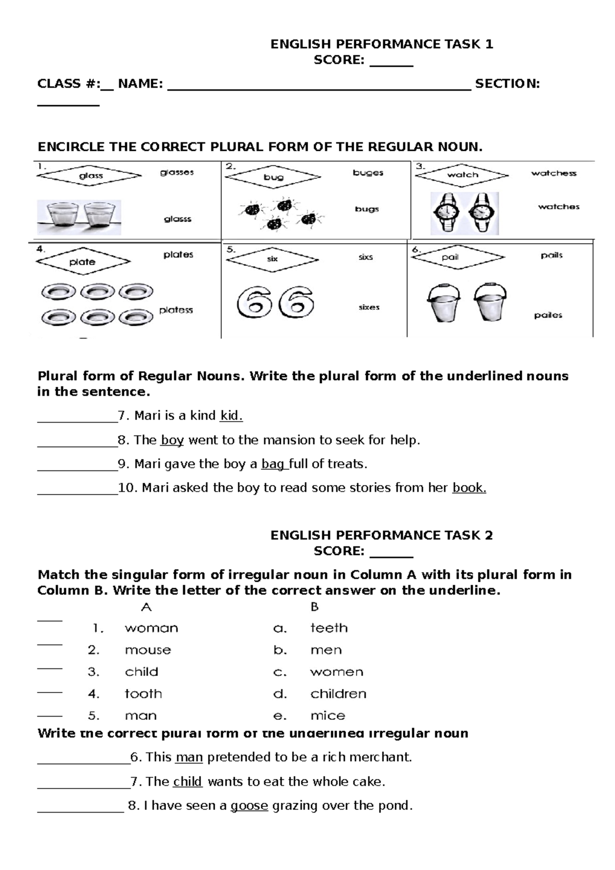 performance task - ENGLISH PERFORMANCE TASK 1 SCORE: _______ CLASS #:__ NAME: - Studocu