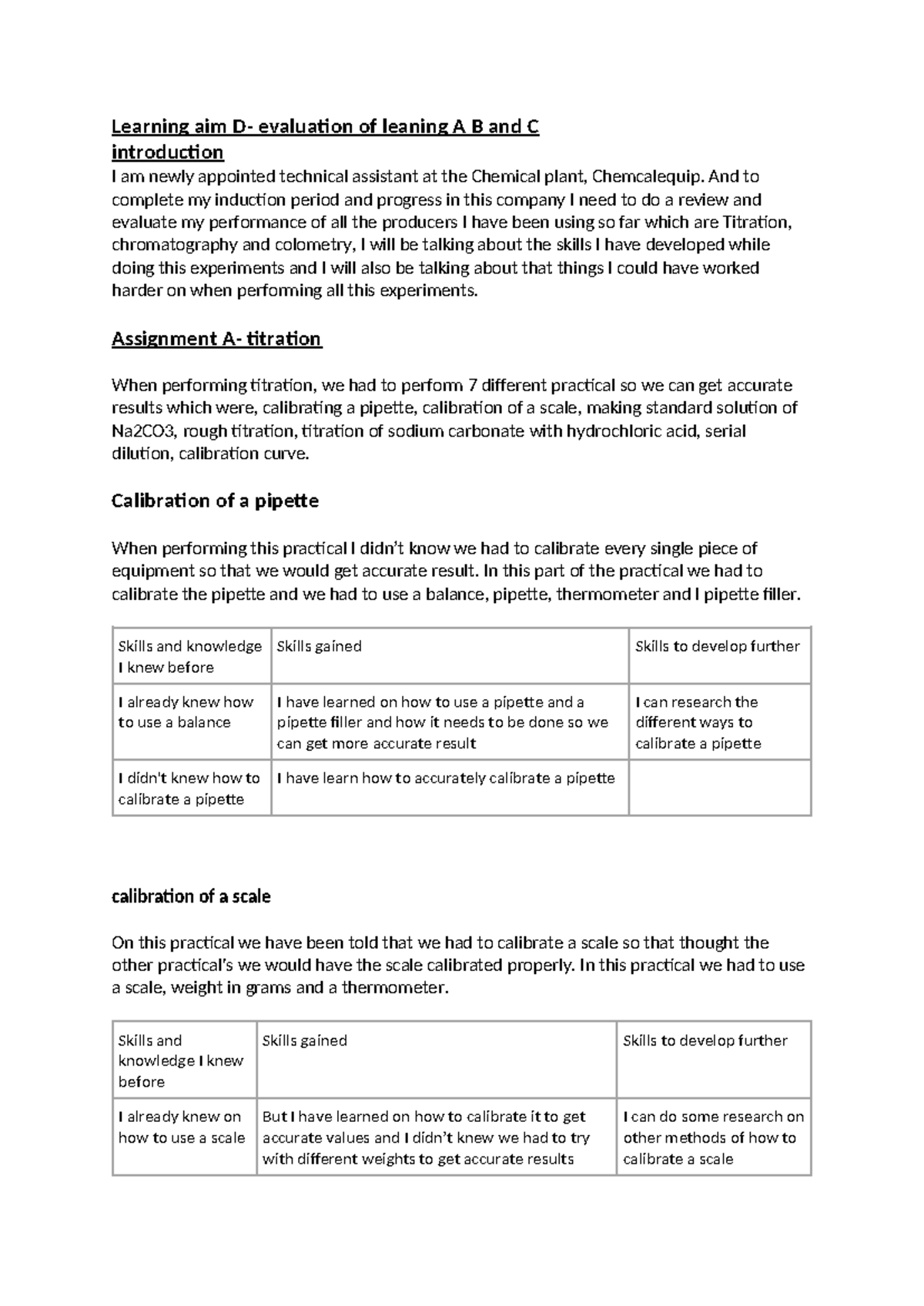 Learning aim D - And to complete my induction period and progress in ...