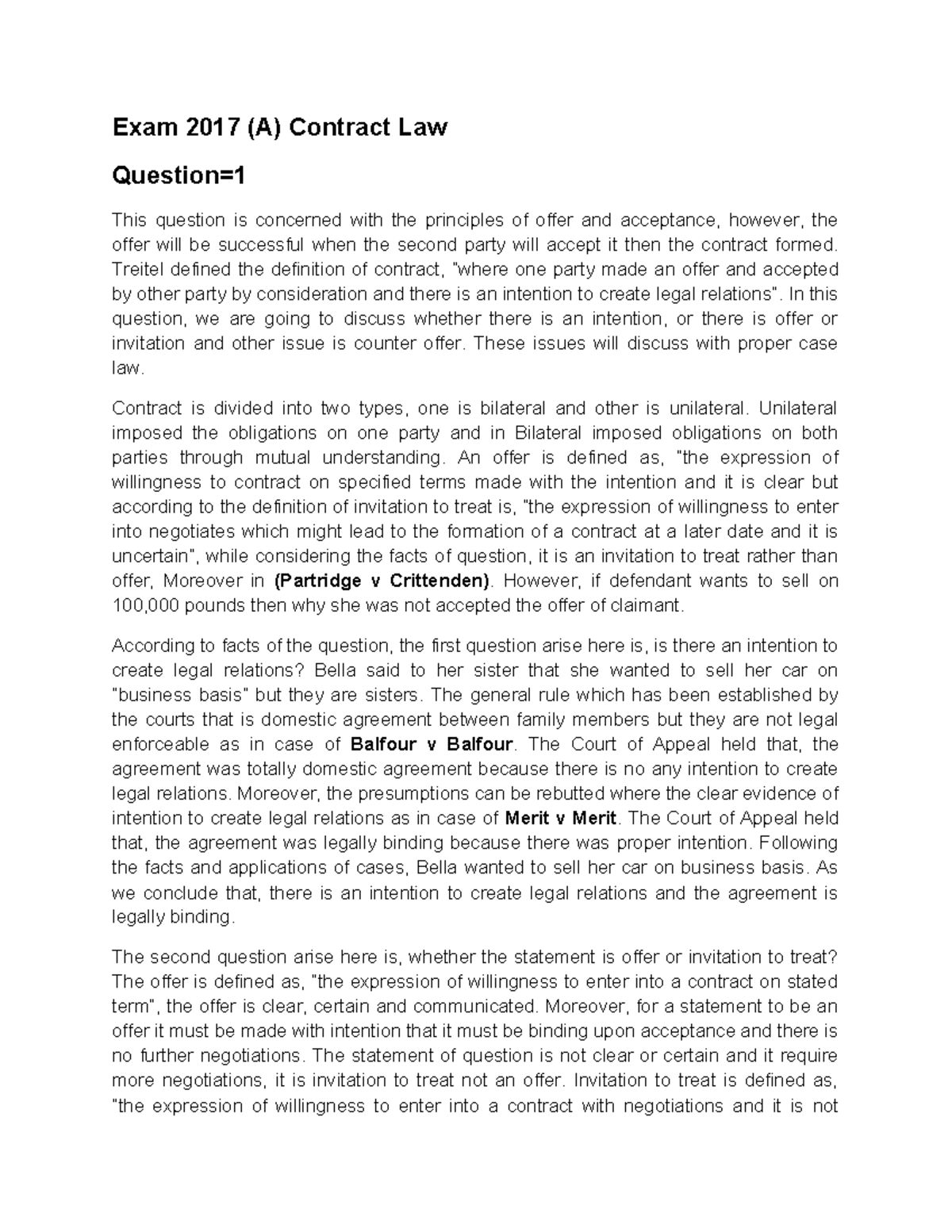 Exam 2017 - Contract law past paper - Exam 2017 (A) Contract Law ...