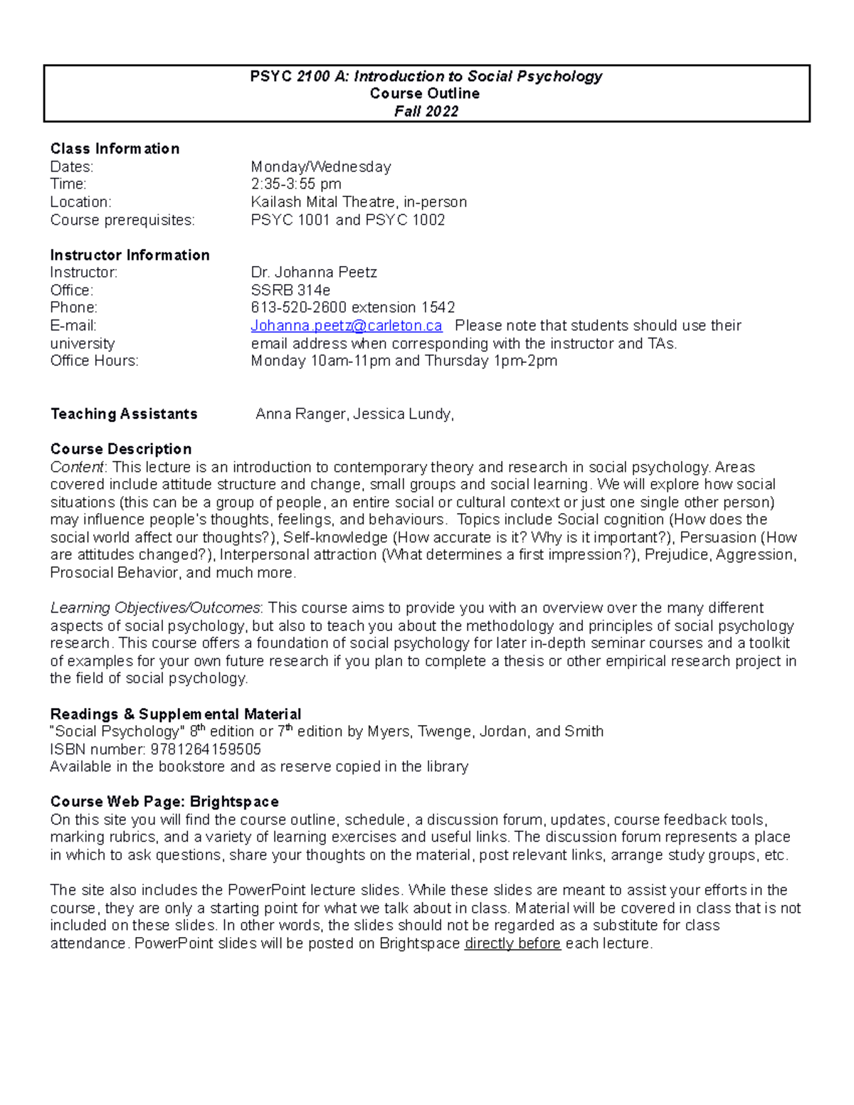 Course Outline Psych 2100 (Fall 2022) updated - PSYC 2100 A ...
