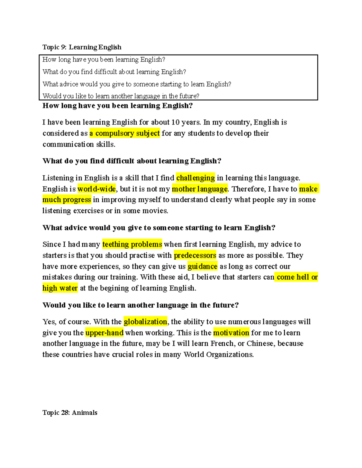 Đỗ Hà Xuyên Topic 9 and Topic 12 - Topic 9: Learning English How long ...