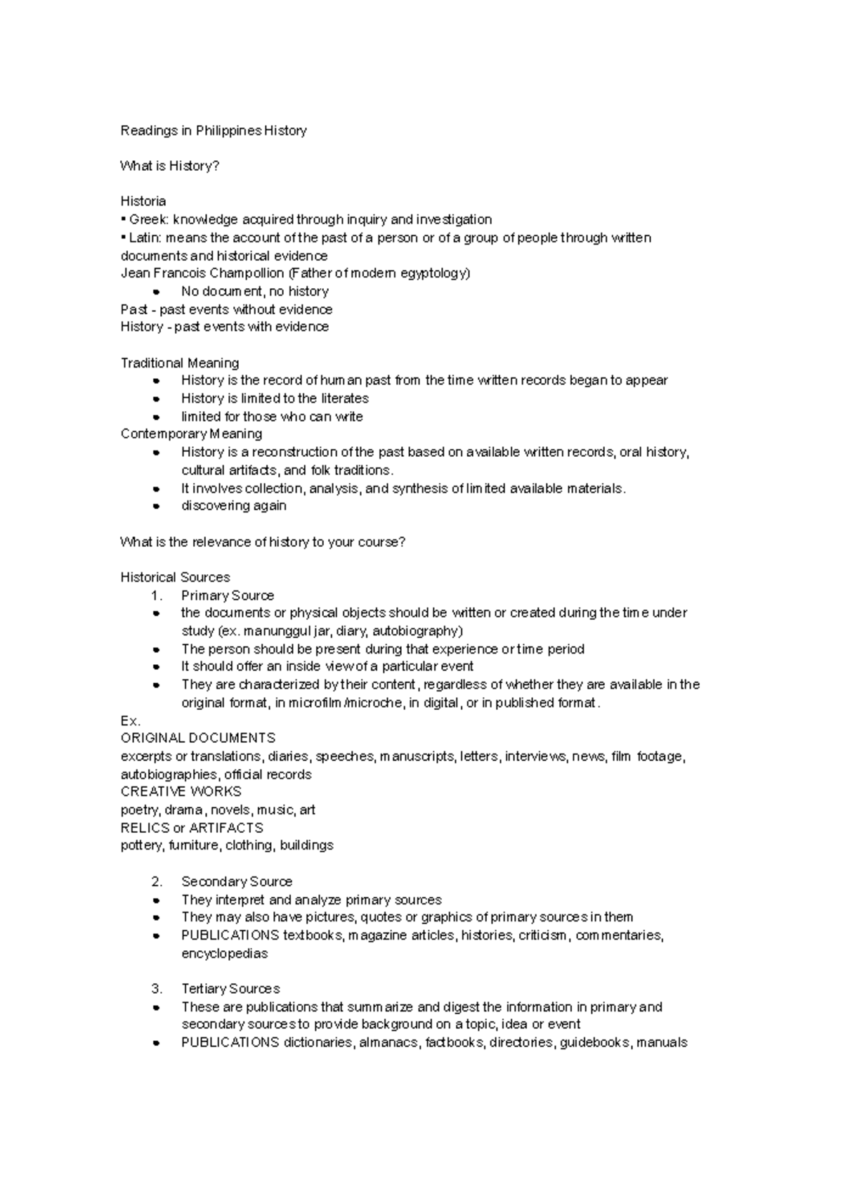 RPH - Summary on Reading in Phil Hist - Readings in Philippines History ...