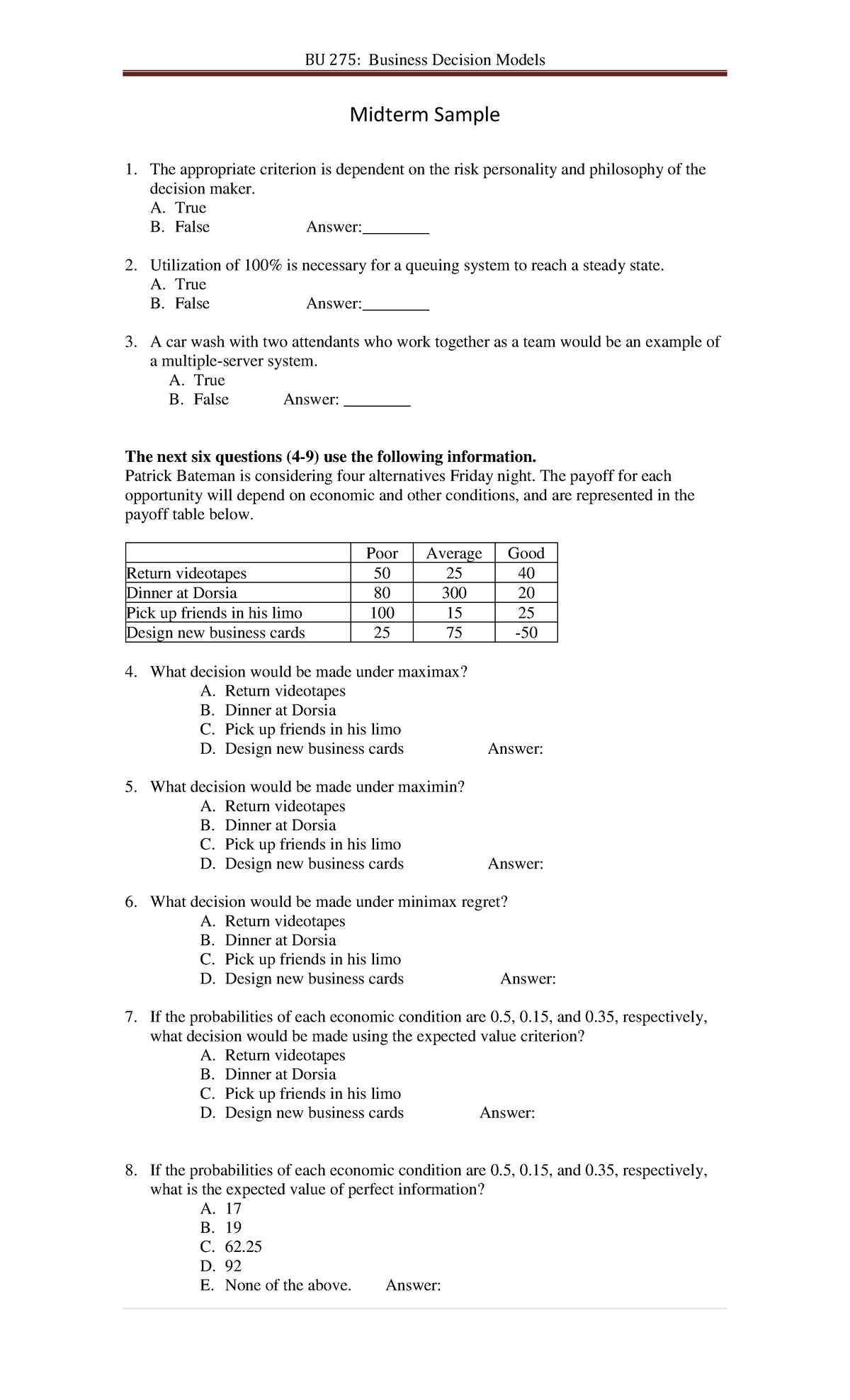 Midterm Sample-without-solution - BU 2 7 5: Business Decision Models Midterm Sample The ...