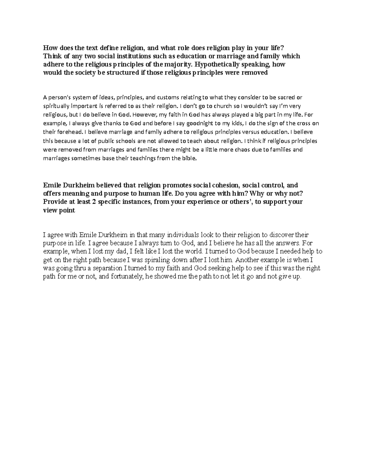 Discussion 7 - week 7 - How does the text define religion, and what ...